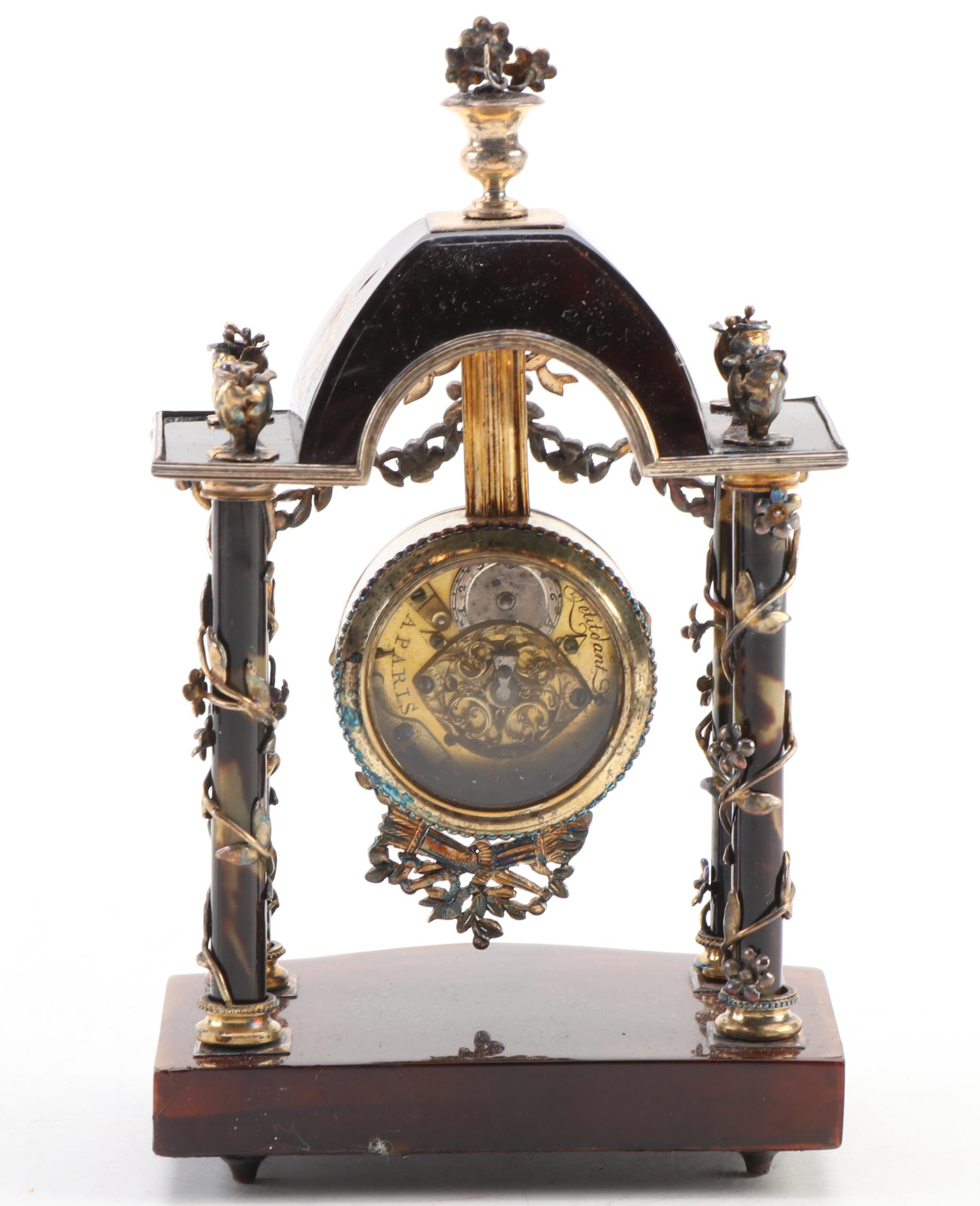 French Neoclassical Style Tortoise Shell and Gemstone Inlay Desk Clock ...