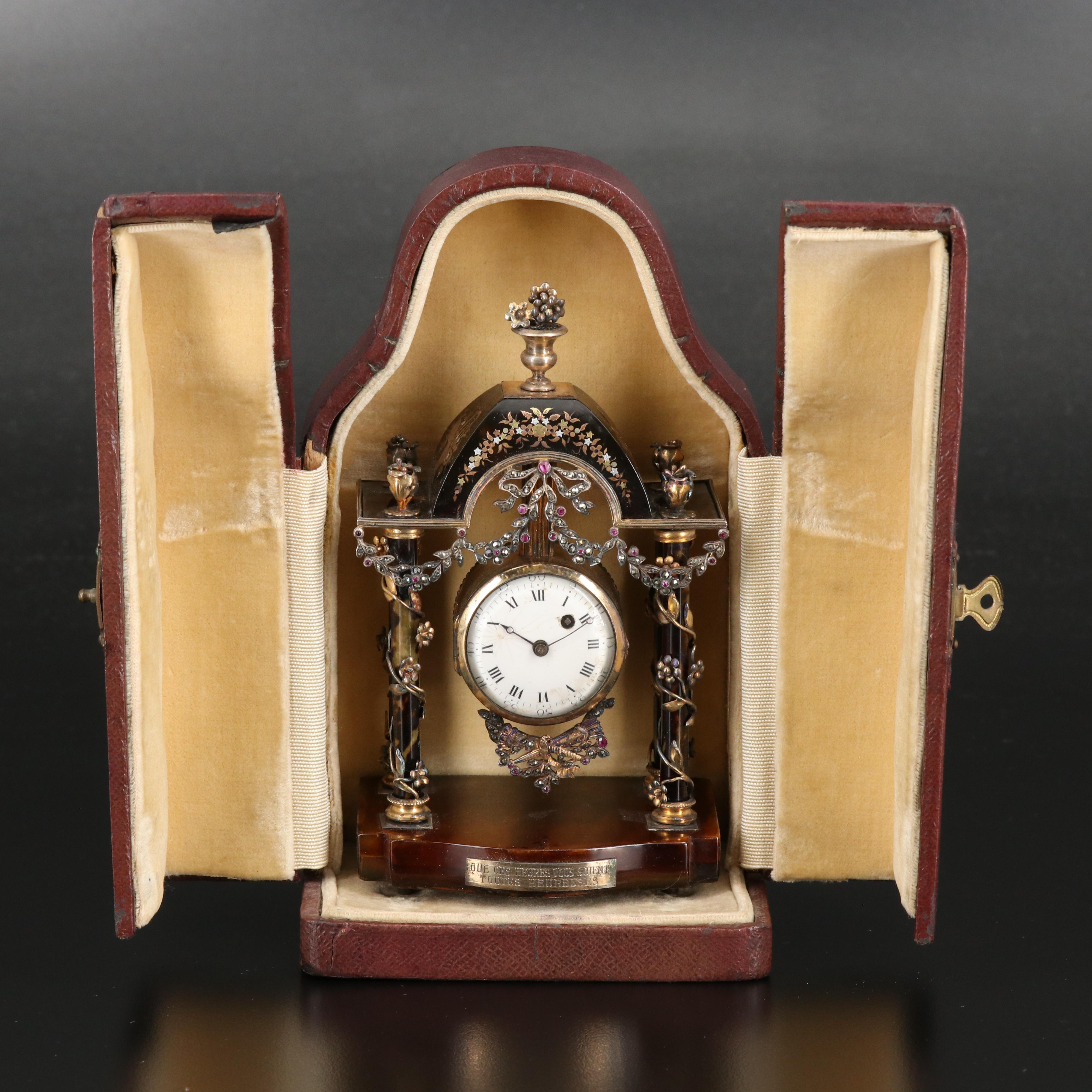 French Neoclassical Style Tortoise Shell and Gemstone Inlay Desk Clock ...
