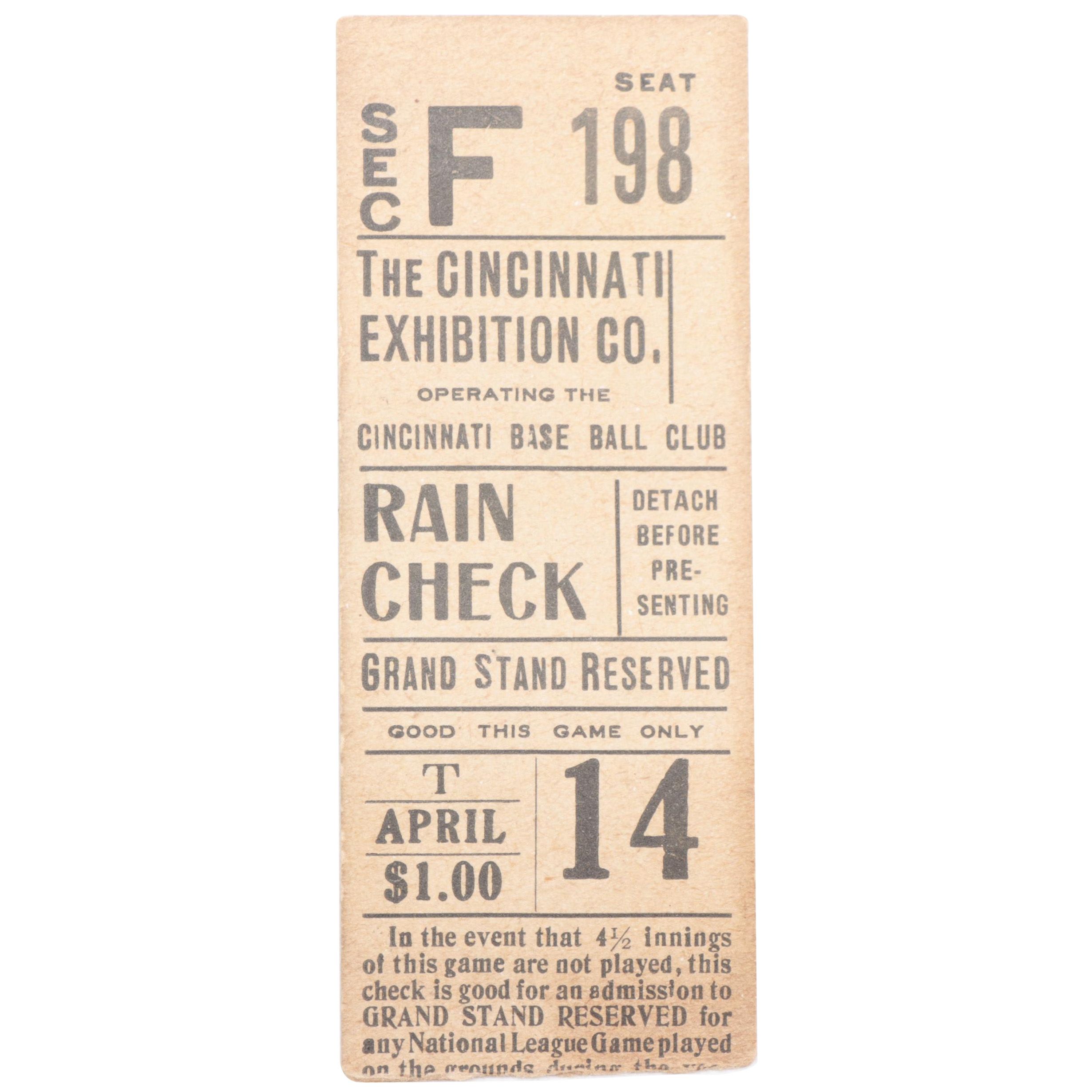 Cincinnati Reds Baseball Ticket Stub, circa 1910 | EBTH