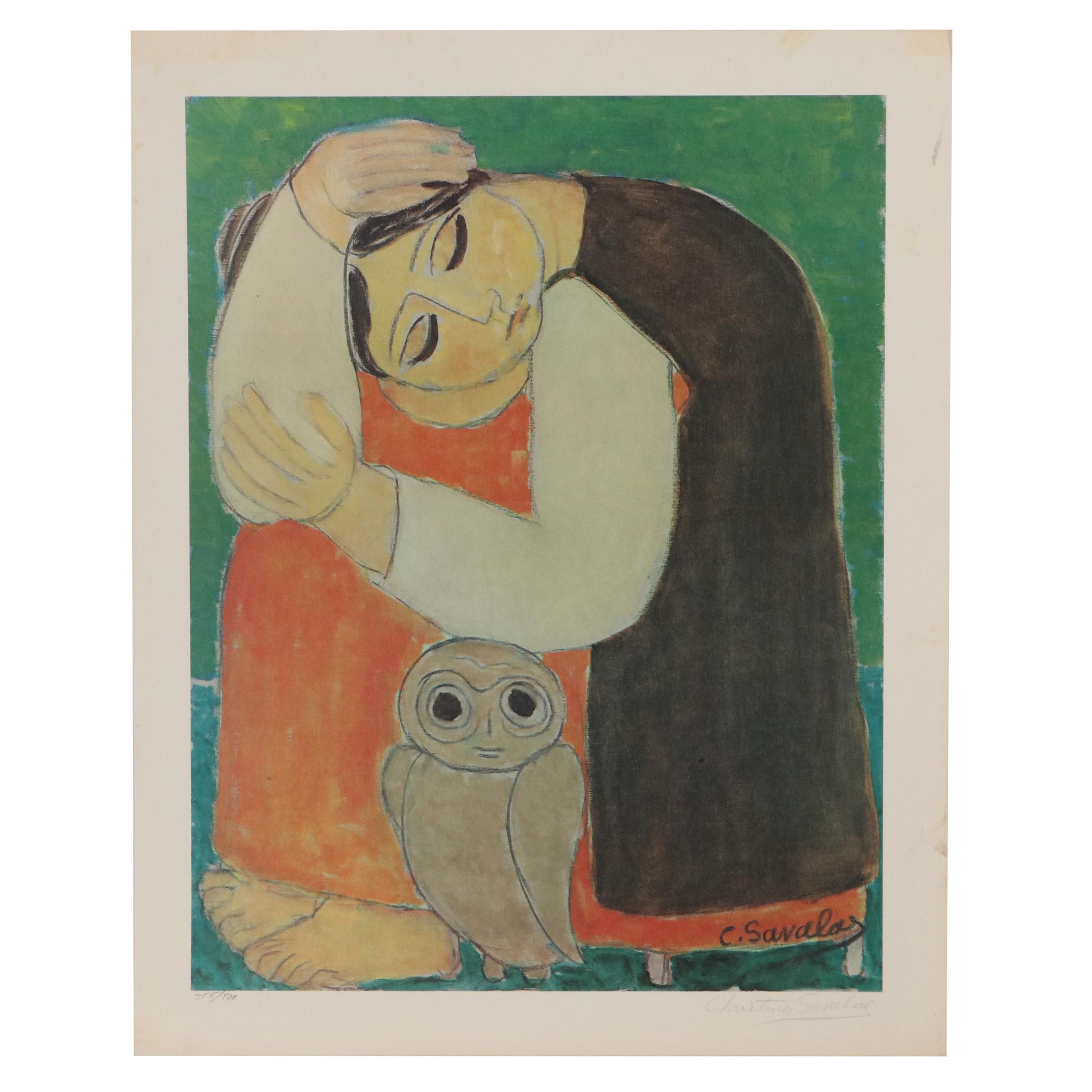 Christina Savalas Offset Lithograph of Figure With Birds | EBTH