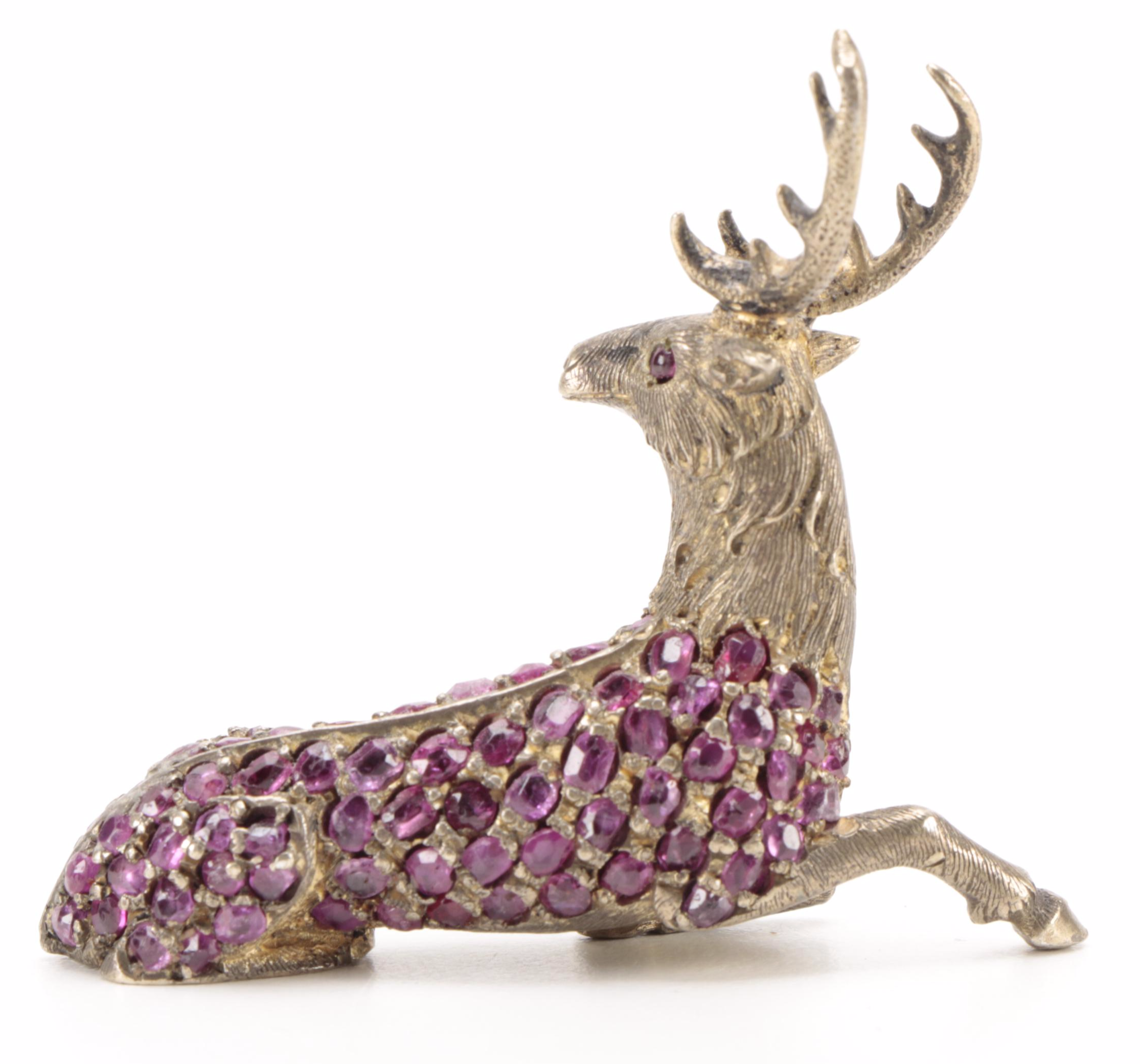 Cushion Cut Ruby Gemstone Inlaid Metal Stag Figurine | EBTH