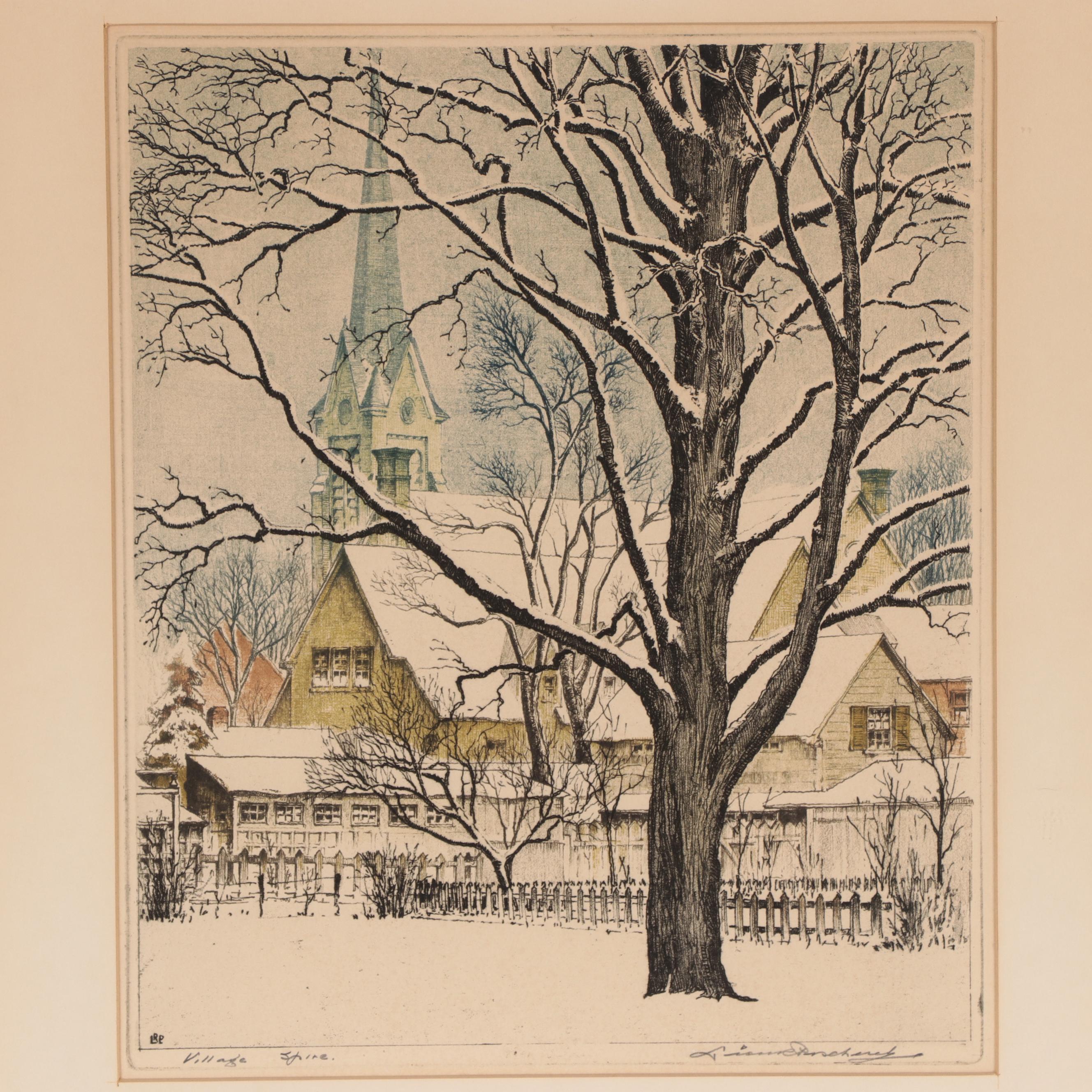 Leon Rene Pescheret Color Etching "Village Shire," Mid-20th Century | EBTH
