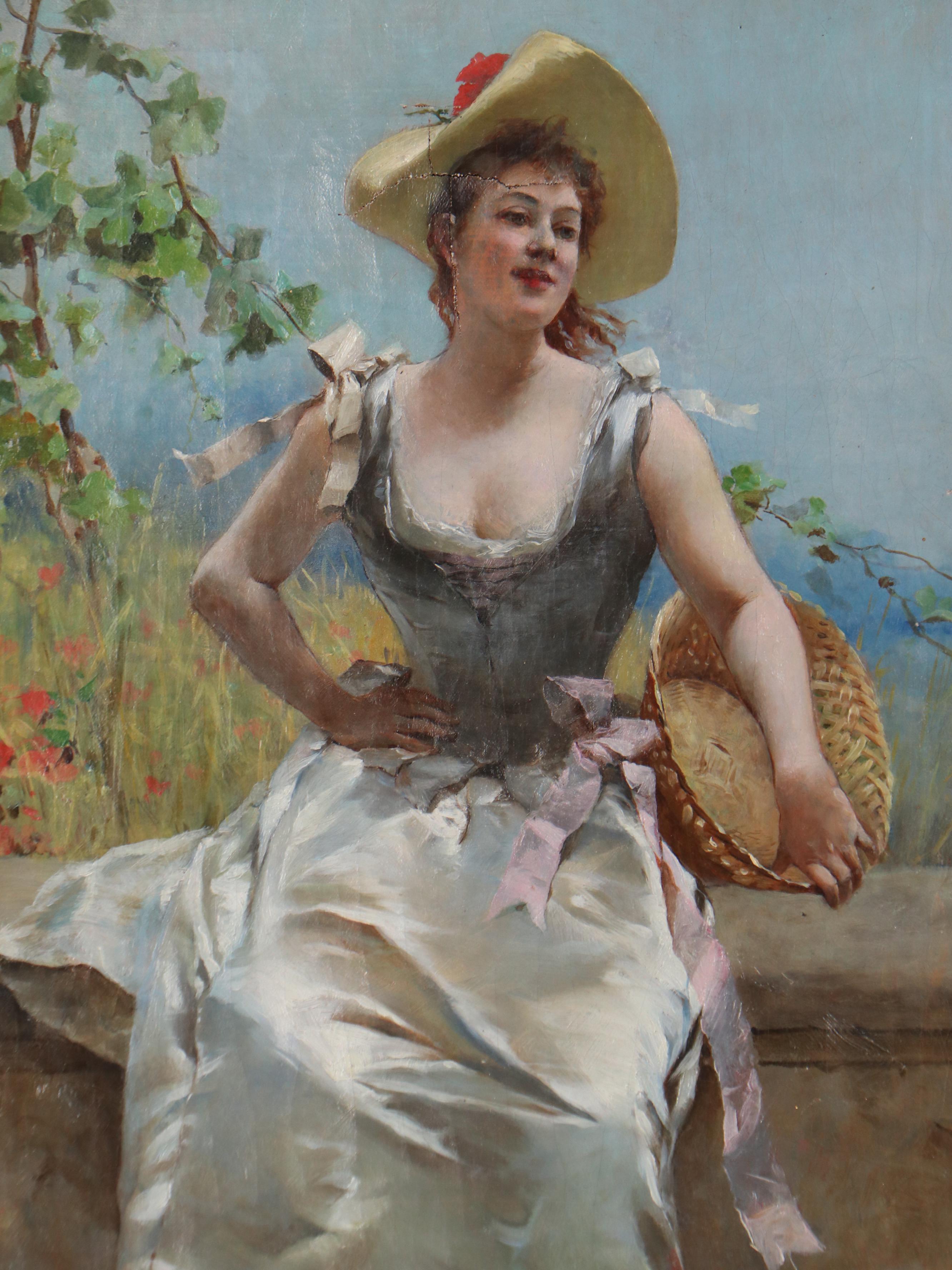 Émile Auguste Pinchart Oil Painting of Seated Woman, Late 19th Century ...