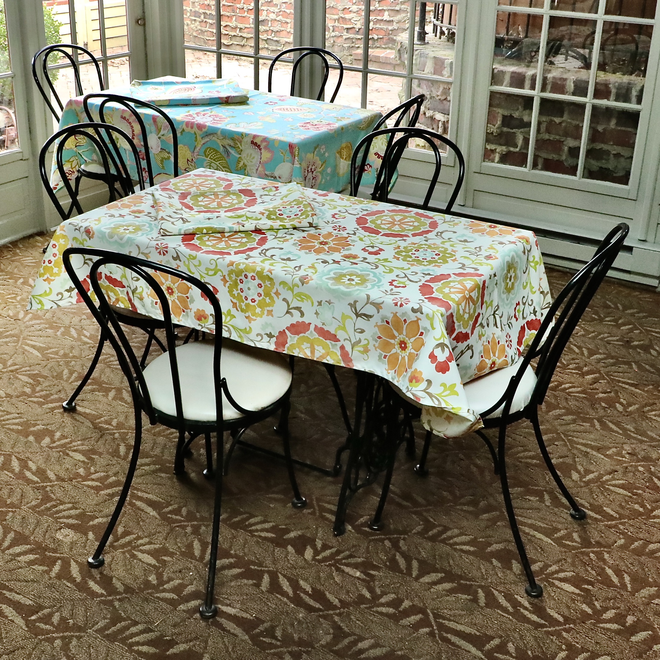 Two Repurposed Cast Iron Singer Sewing Base Tables and Bistro Dining ...