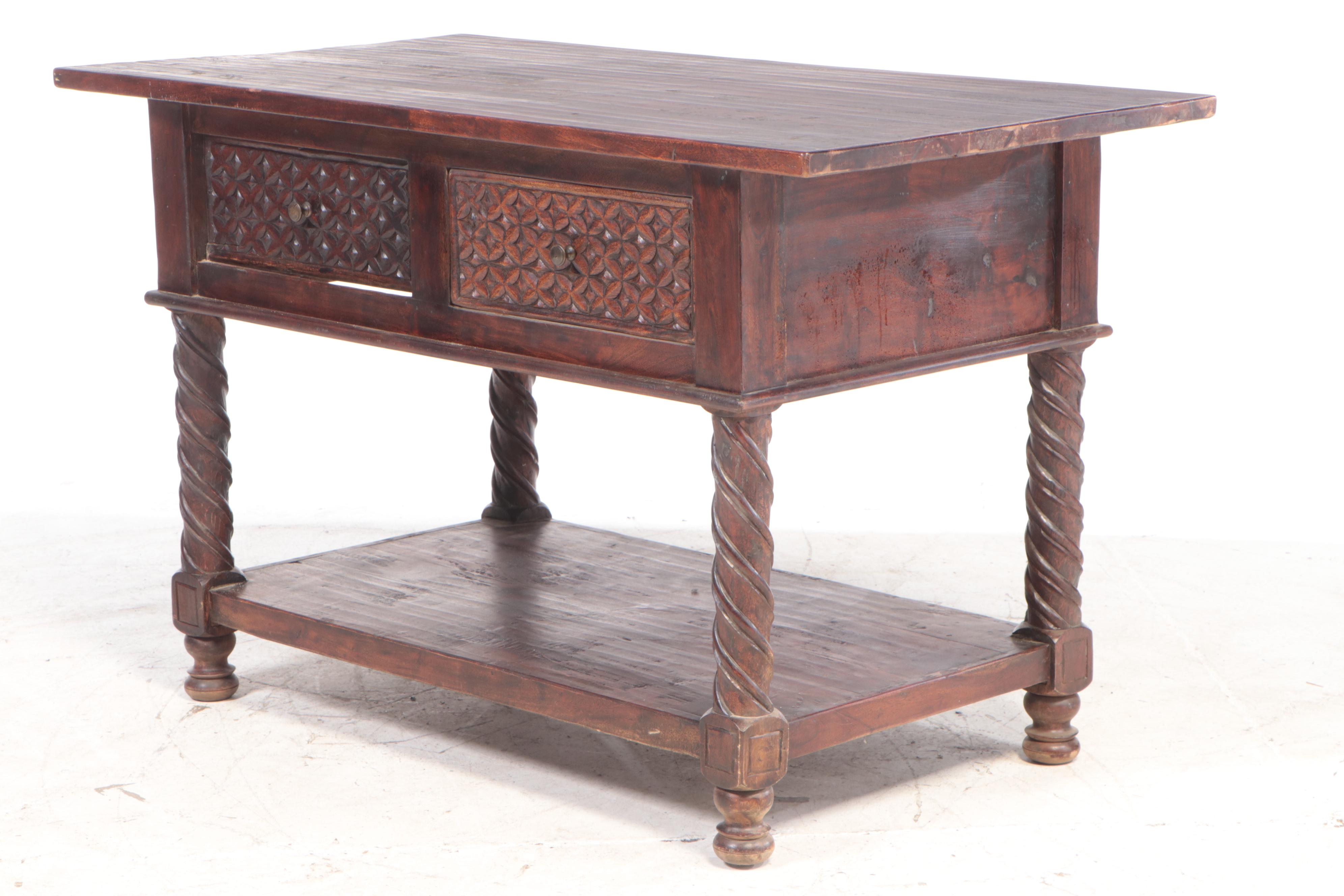 Carved and Hand-Scraped Mahogany Kitchen Island Table | EBTH