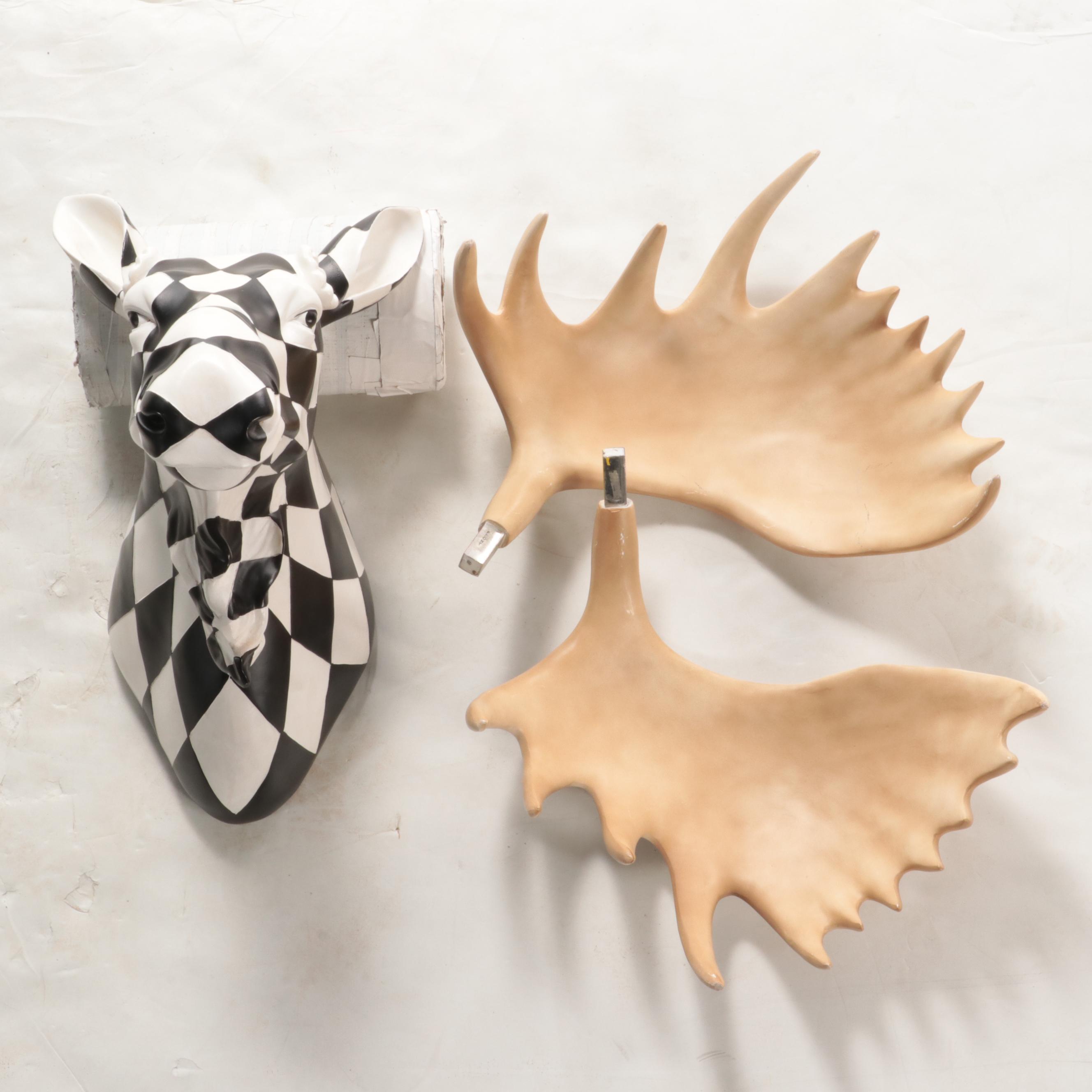 Grandin Road Harlequin Check Resin Moose Head | EBTH