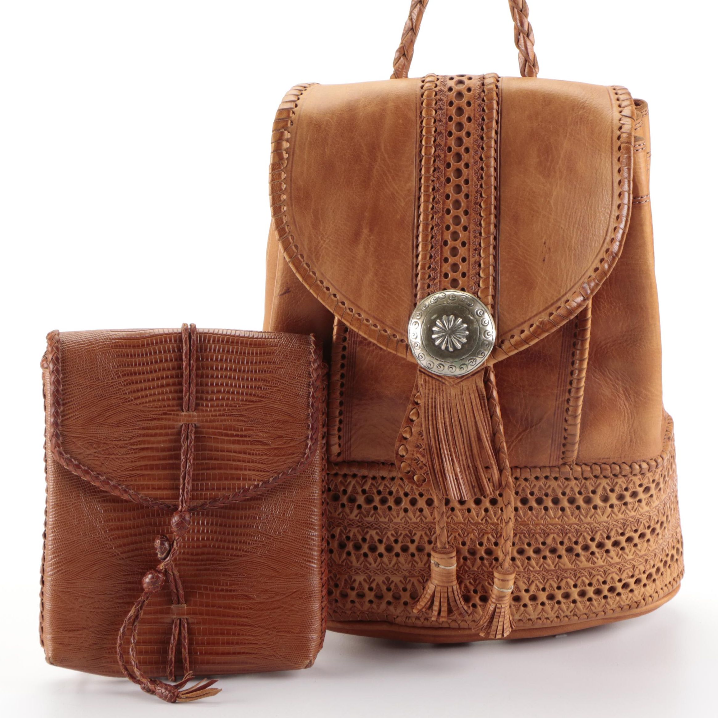 Western-Style Dark Tan Tooled Leather Backpack and Lizard Skin Flap ...