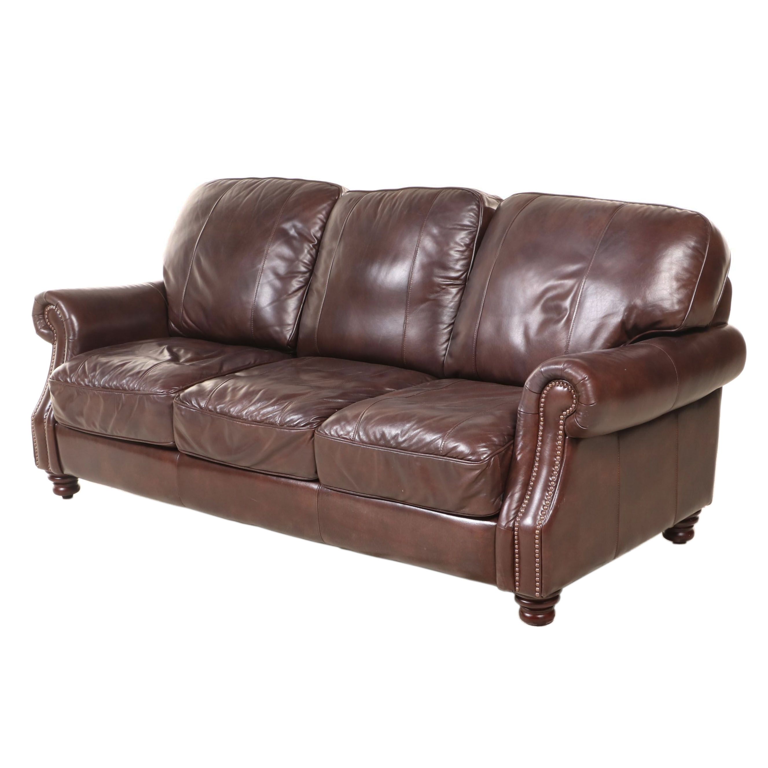 Bassett Brown Leather Roll-Arm Sofa with Nailhead Trim | EBTH