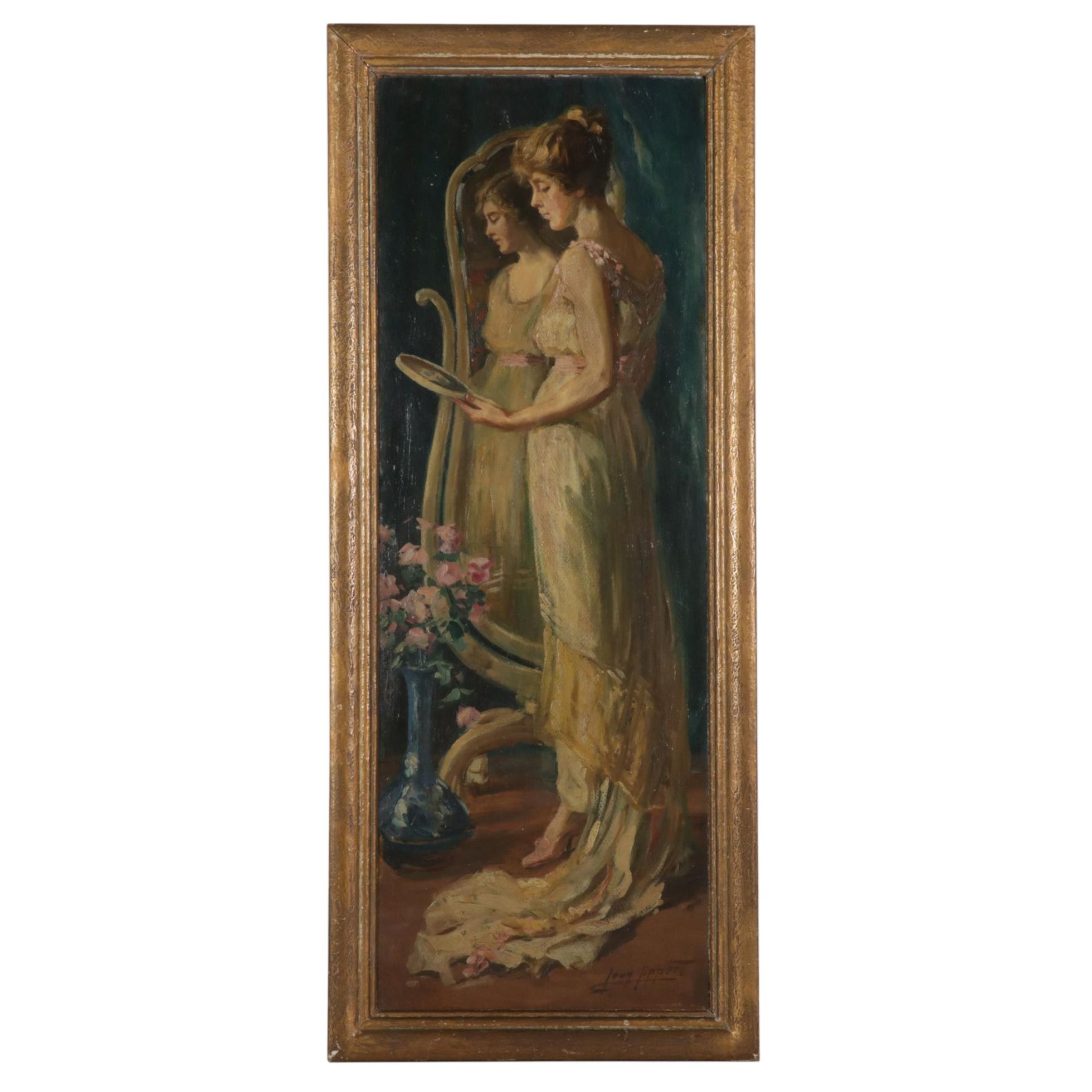 Leon Lippert Oil Painting of Woman Standing at Mirror, Early 20th ...