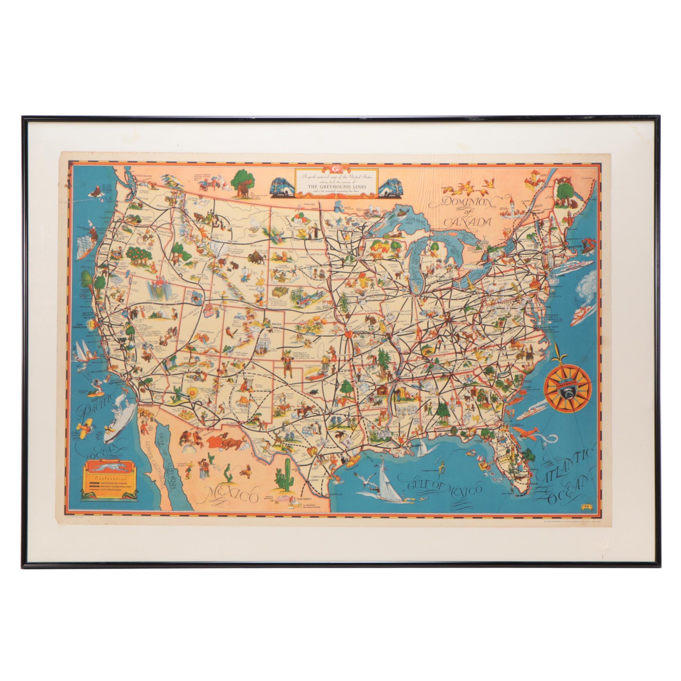 Greyhound Co. Lithograph Map of The Greyhound Lines, 1936 | EBTH
