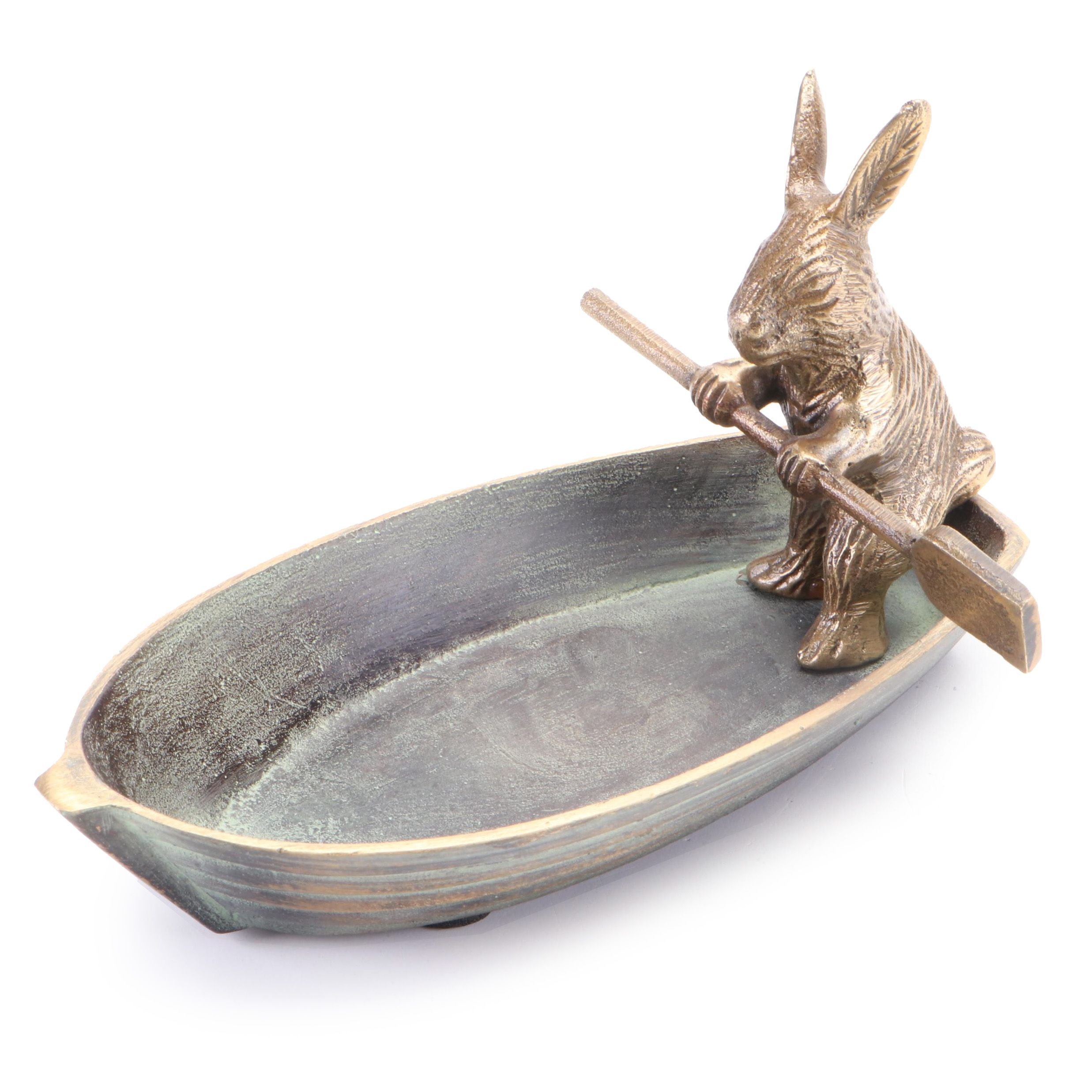 Patinated Cast Metal Bunny in Rowboat Trinket Dish | EBTH