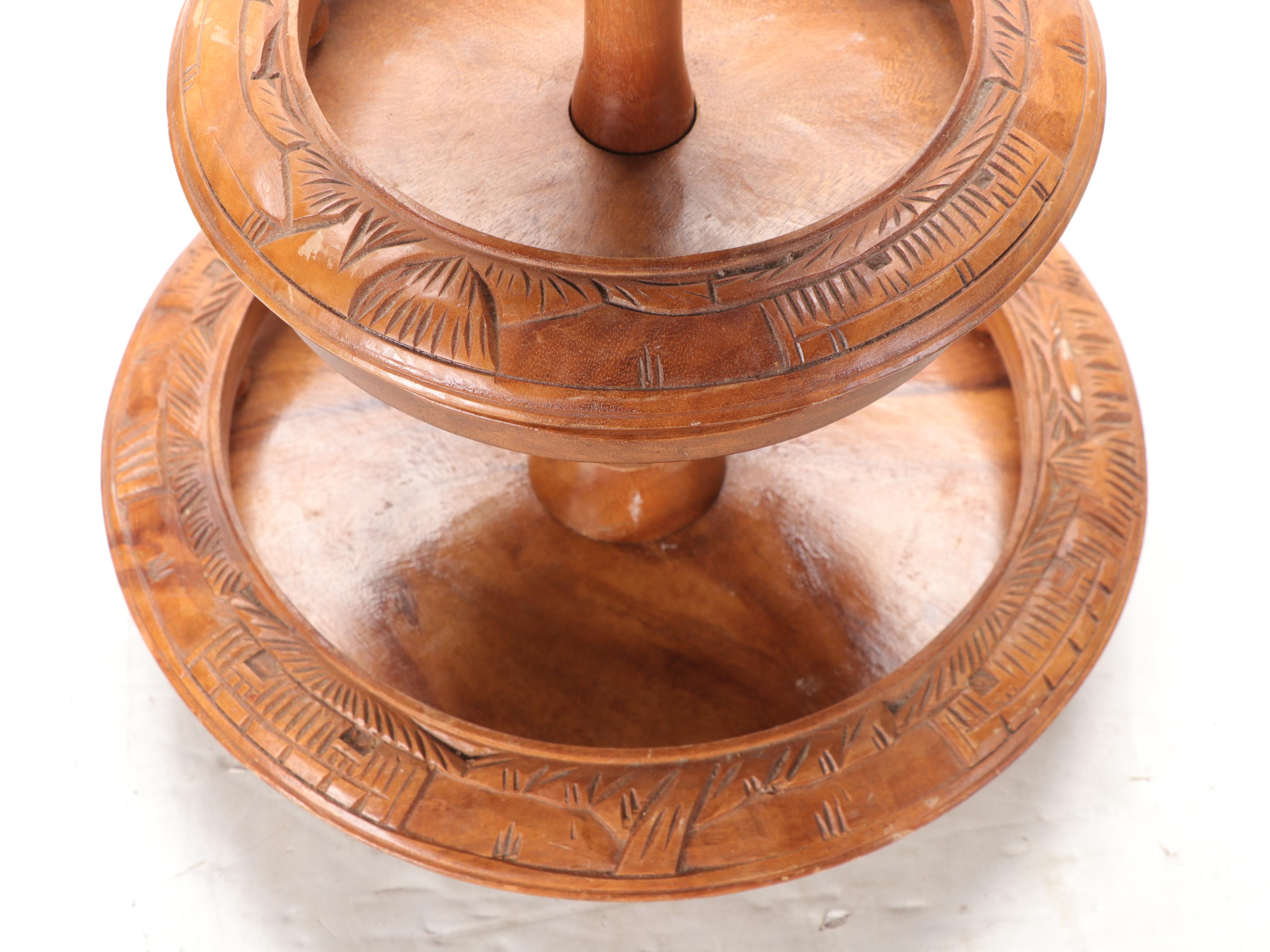 Filipino Carved Teak Wood Tiered Serving Platter | EBTH