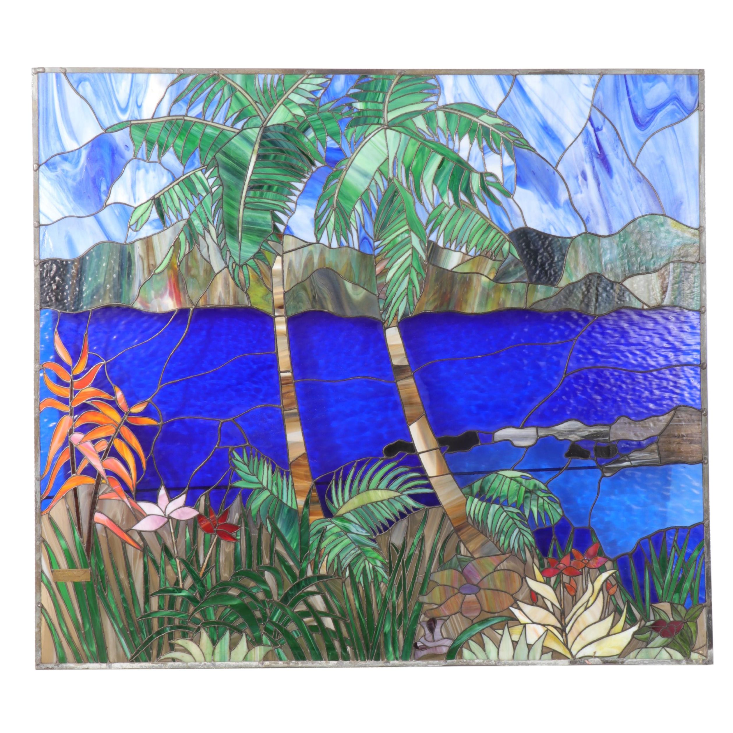 Timothy Heil Stained and Slag Glass Window Panel of Tropical Scene ...