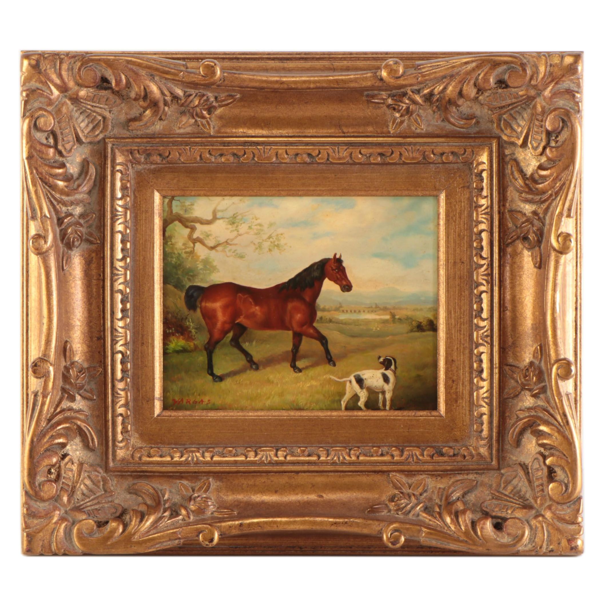 Vargas Oil Painting of Seal Horse and Braque d'Auvergne, Late 20th ...
