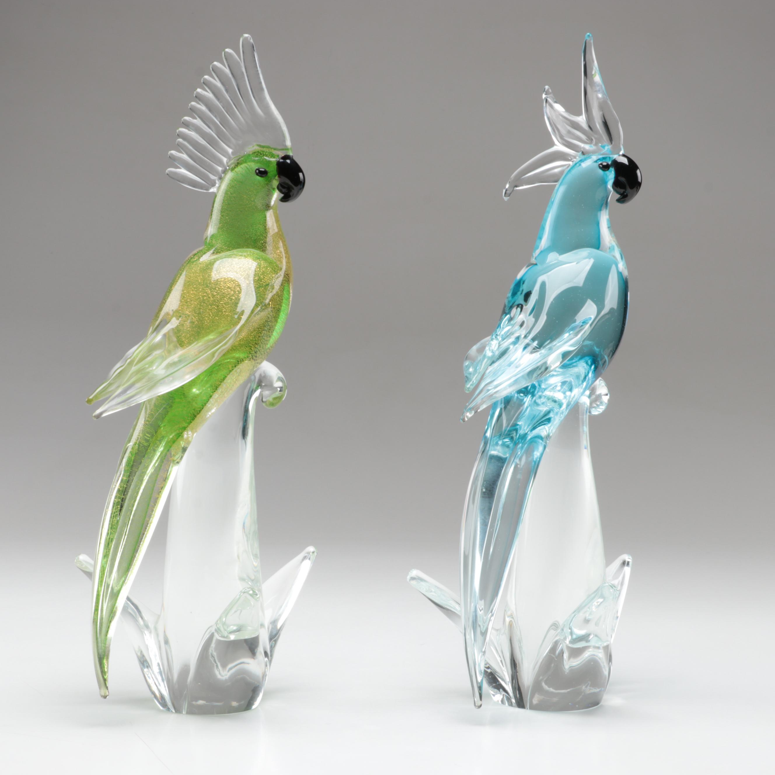 Murano Handcrafted Blue and Green with Gold Leaf Glass Cockatoo Bird ...