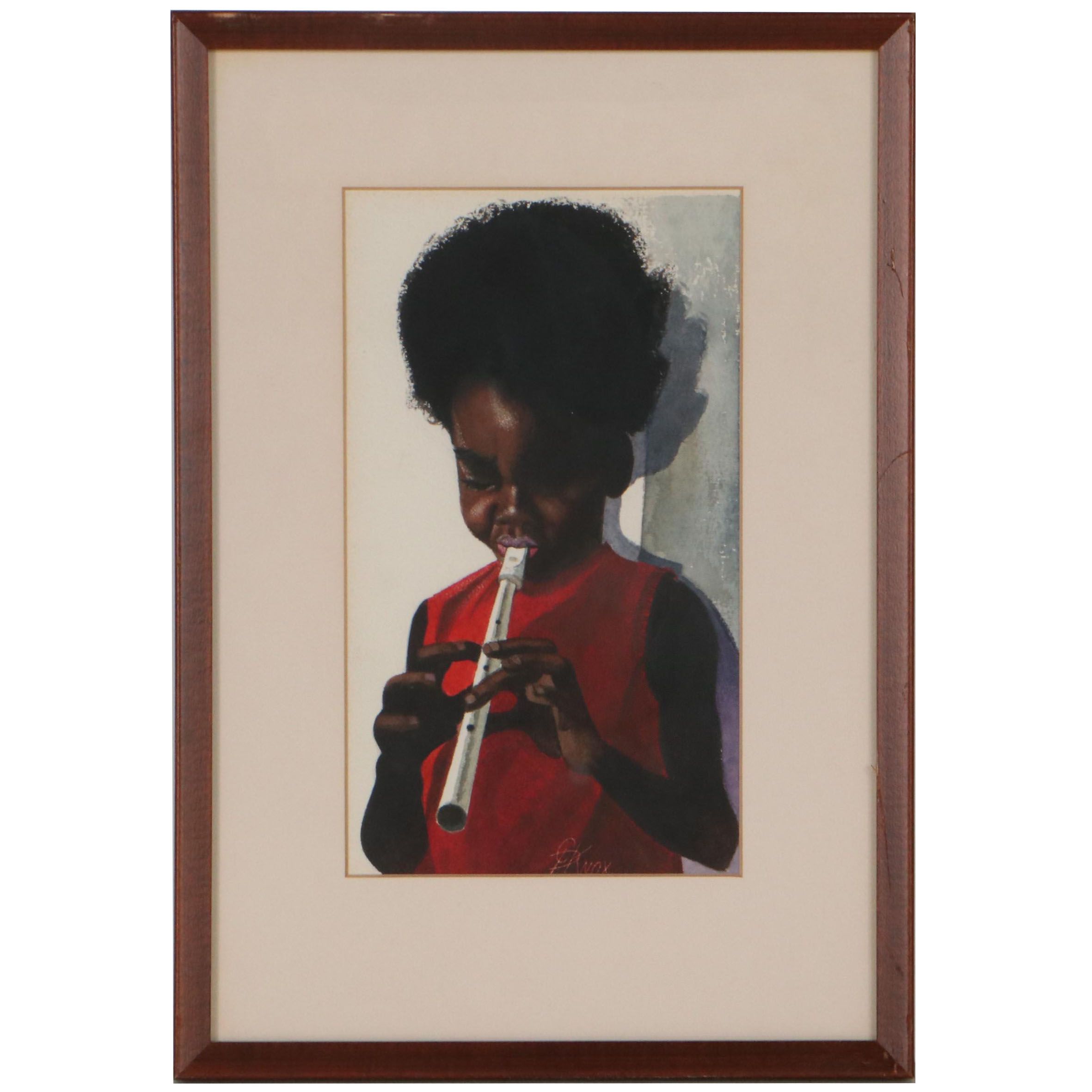 Columbus Knox Portrait Watercolor Painting of a Recorder Player | EBTH