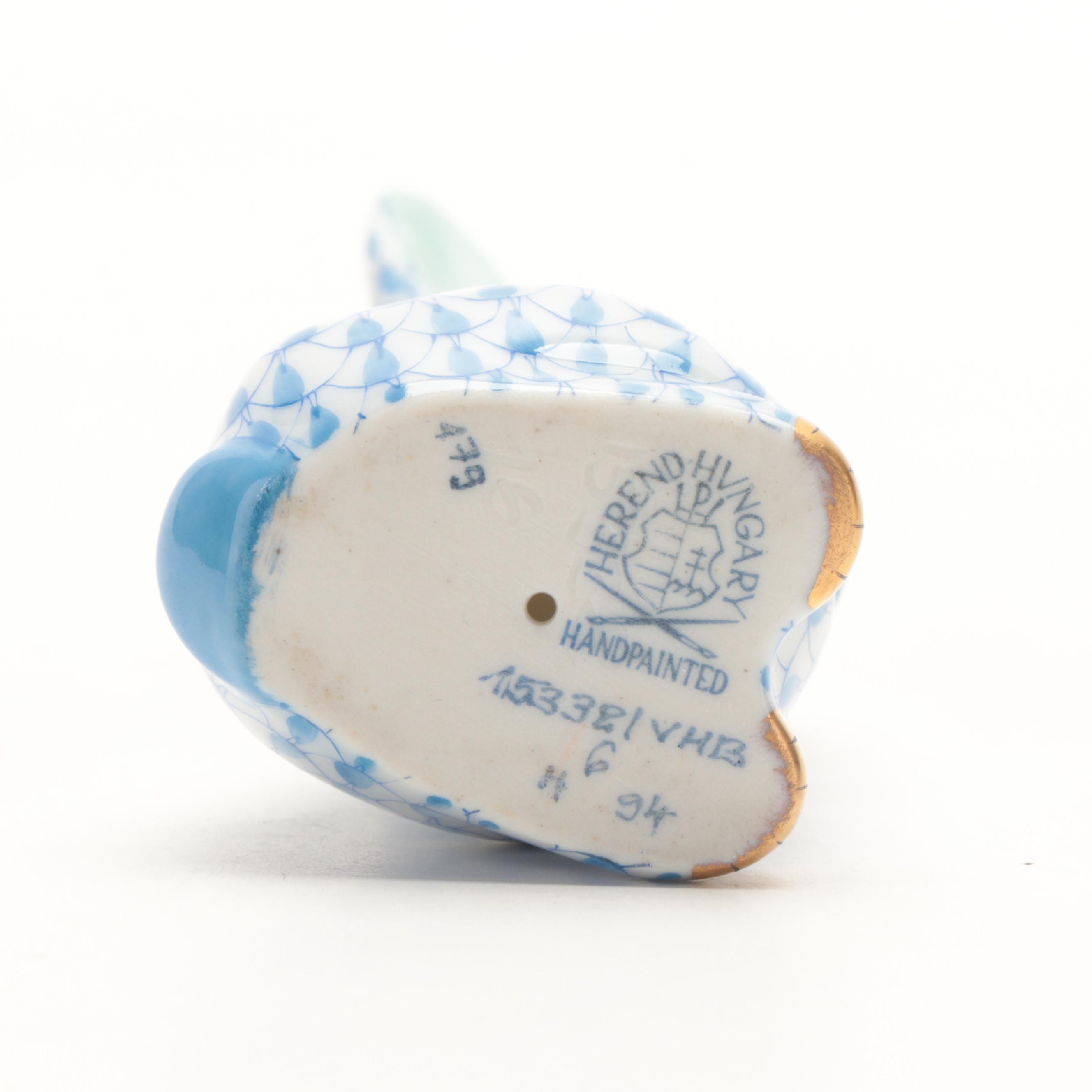 Herend Blue Fishnet with Gold Porcelain Rabbit and Miniature Rabbit ...