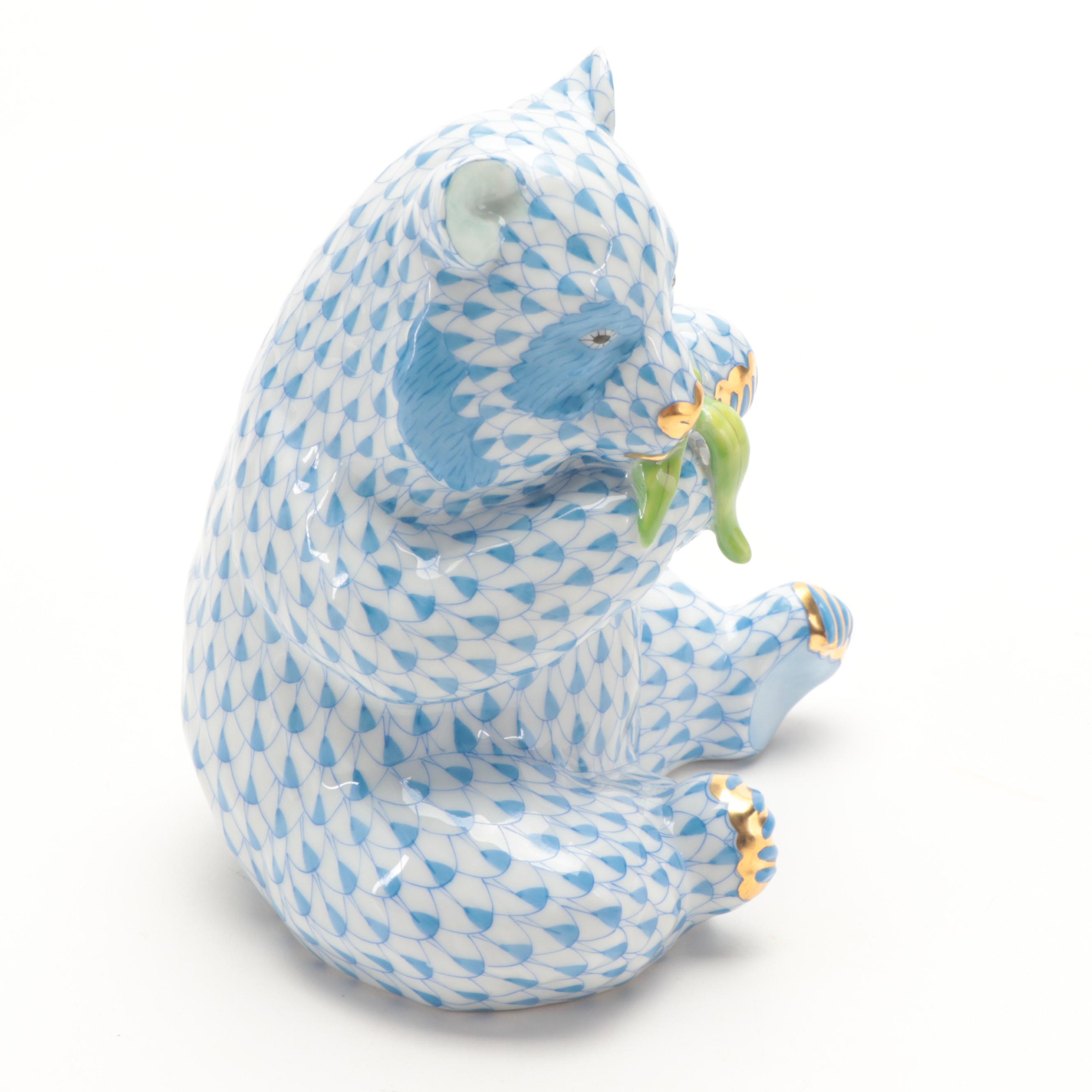 Herend Blue Fishnet with Gold "Panda" Porcelain Figurine, 1998 | EBTH