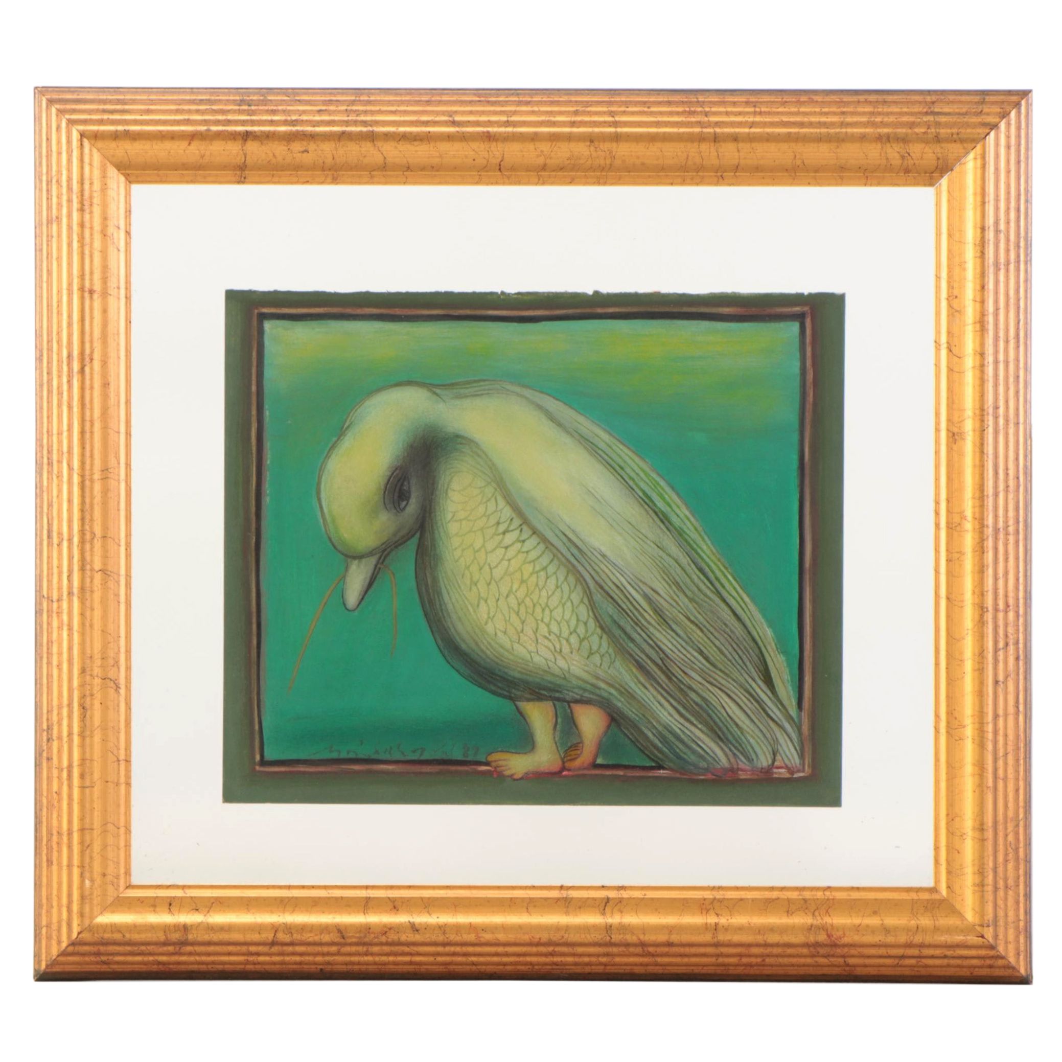 Gogi Saroj Pal Surreal Mixed Media Painting of Hybrid Bird Figure,1989 ...