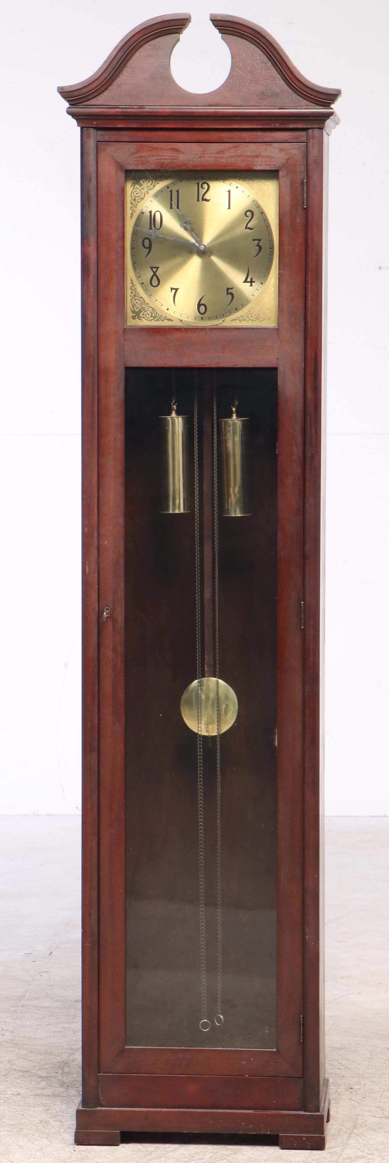 Colonial Mfg., Mahogany Grandfather Clock with Brass Face | EBTH