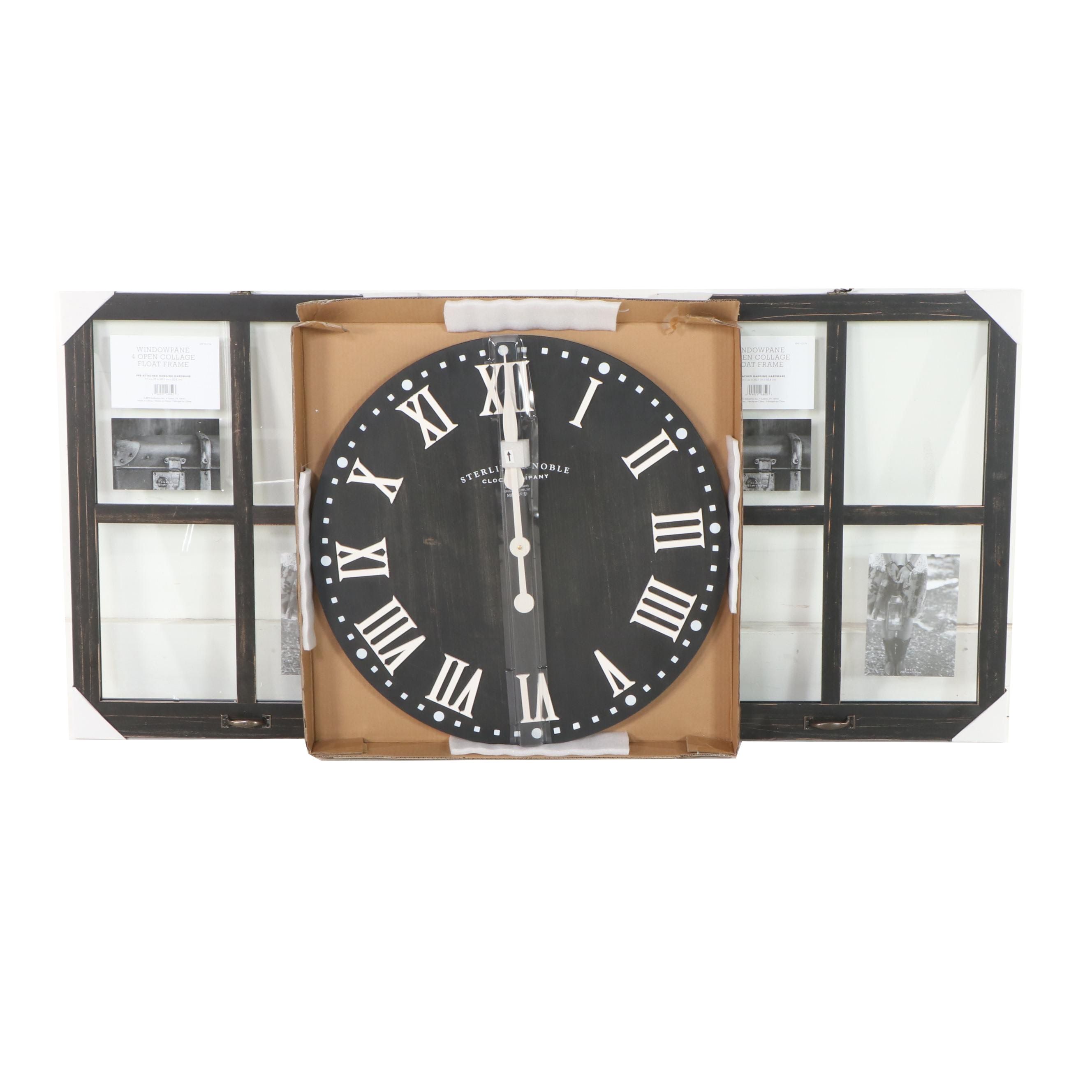 Threshold 23" Black Wood Finish Wall Clock and Two Windowpane Collage ...