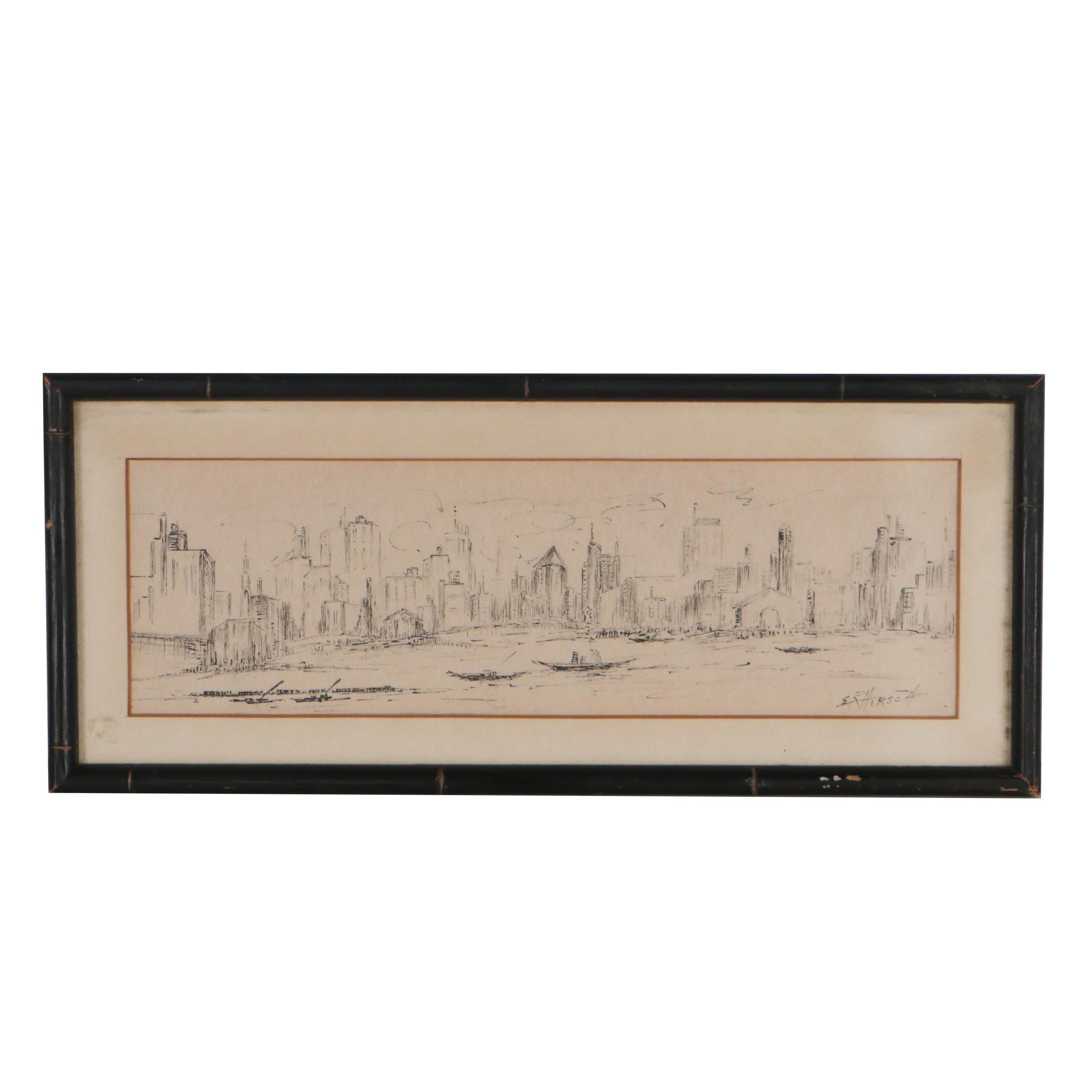E. R. Hirsch Cityscape Ink Drawing, Mid-20th Century | EBTH