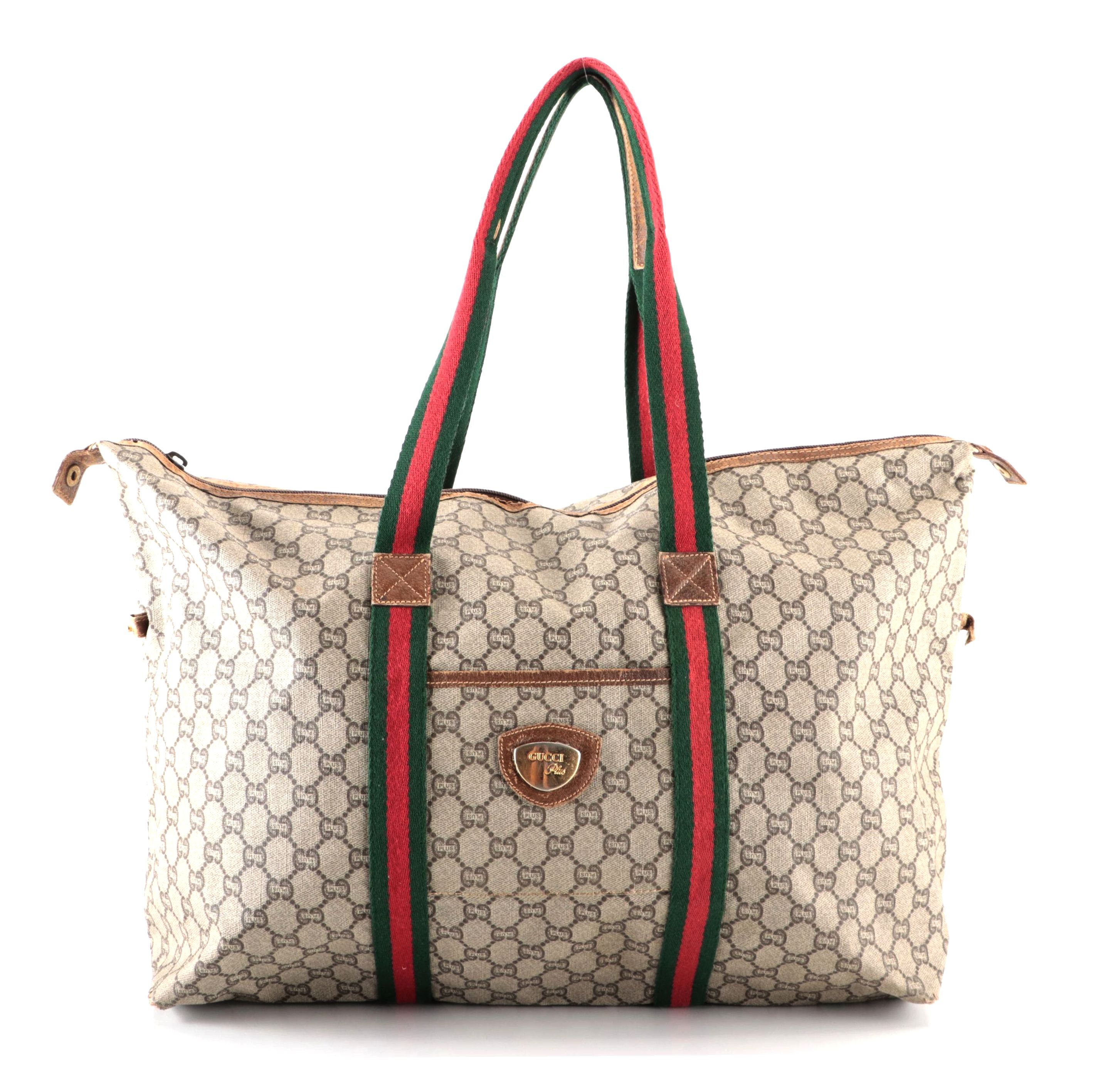 Gucci Plus Large Tote Bag in GG Plus Canvas and Leather Trim with Web ...