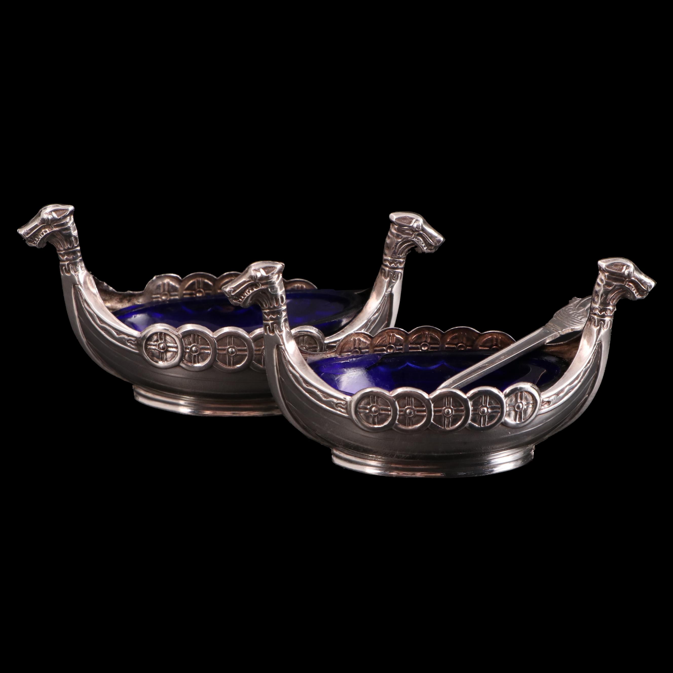 Swedish Sterling Viking Boat Salt Cellars with Cobalt Glass Inserts and ...