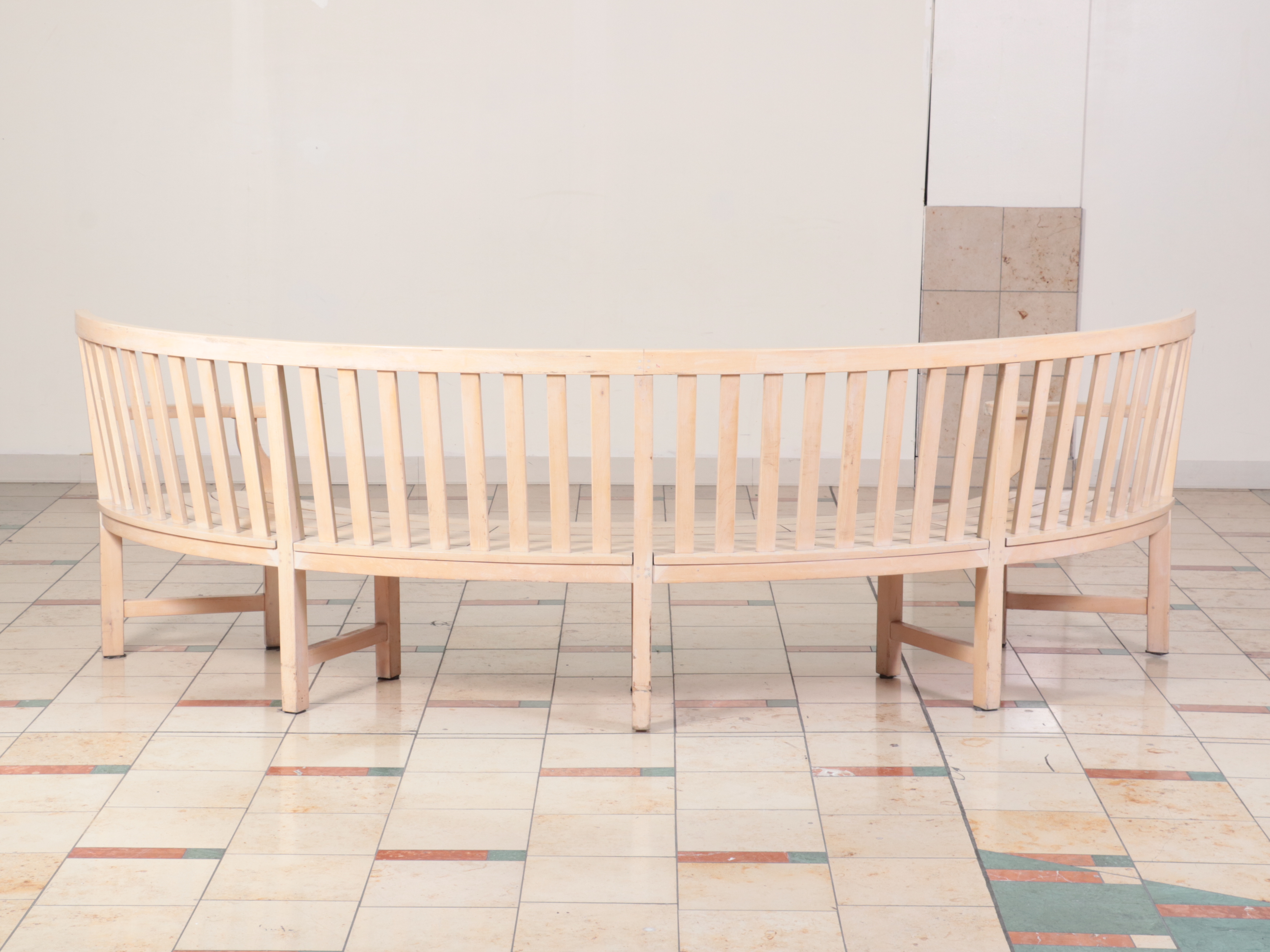 Pair of Large Wooden Slat Back Curved Benches with Armrests | EBTH