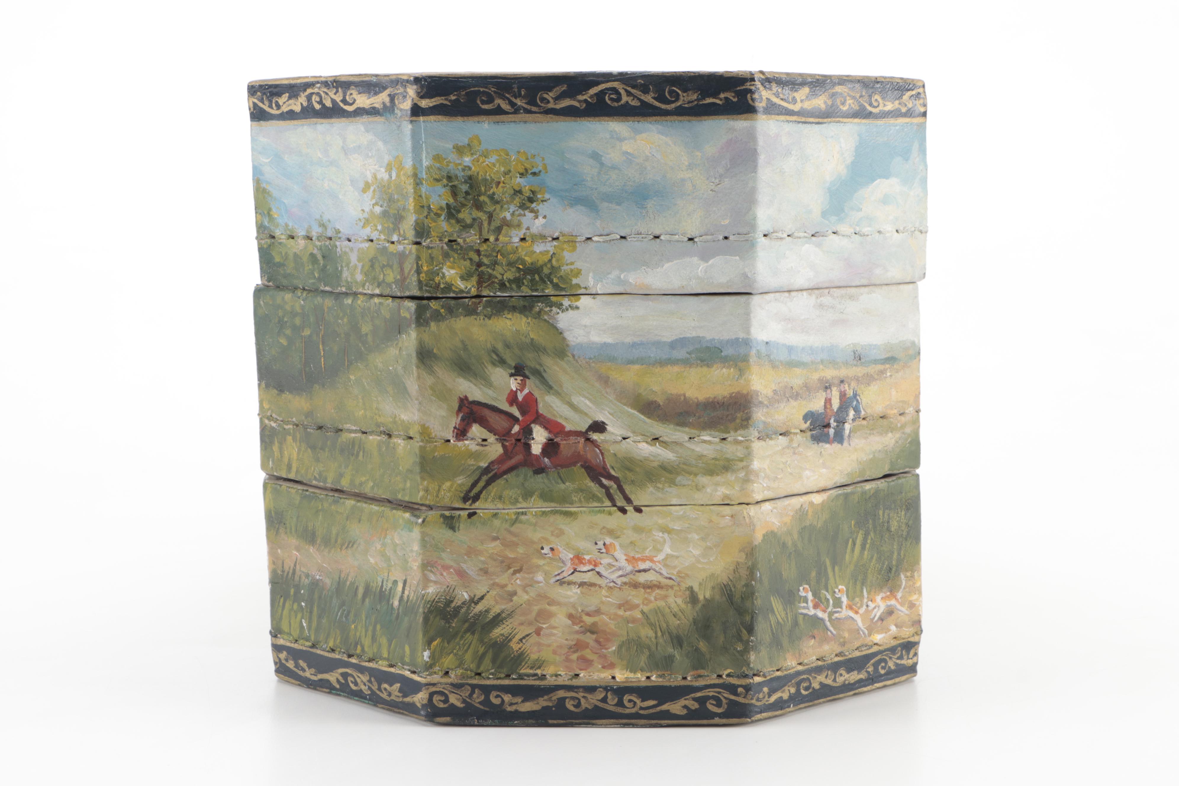 Artist Signed Hand-Painted Leather Covered Stacking Box with Hunt Scene ...