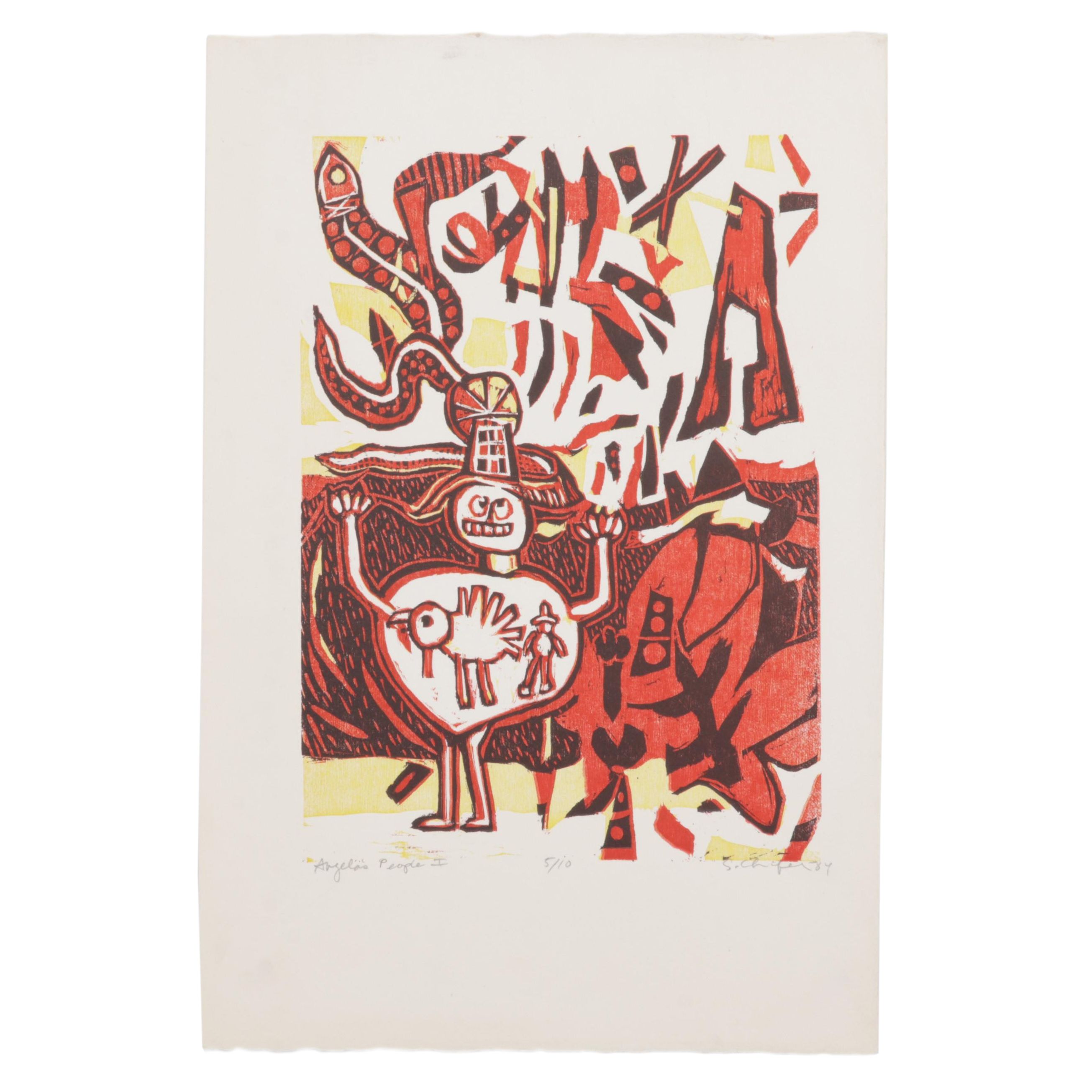 Sidney Chafetz Woodcut "Angela's People I," 1984 | Everything But The House