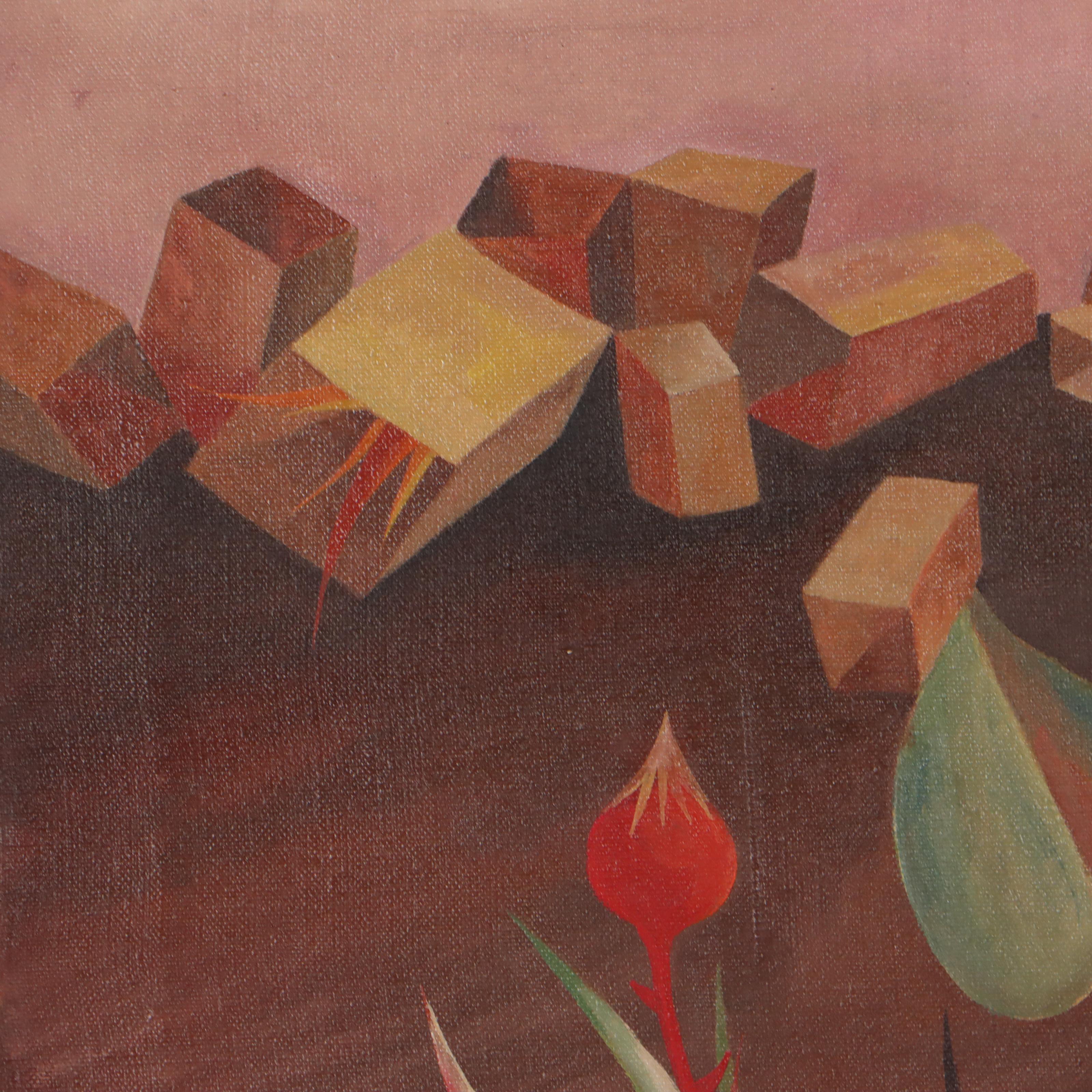 Surrealist Style Oil Painting of Plant Life and Cubes, 1989 | EBTH