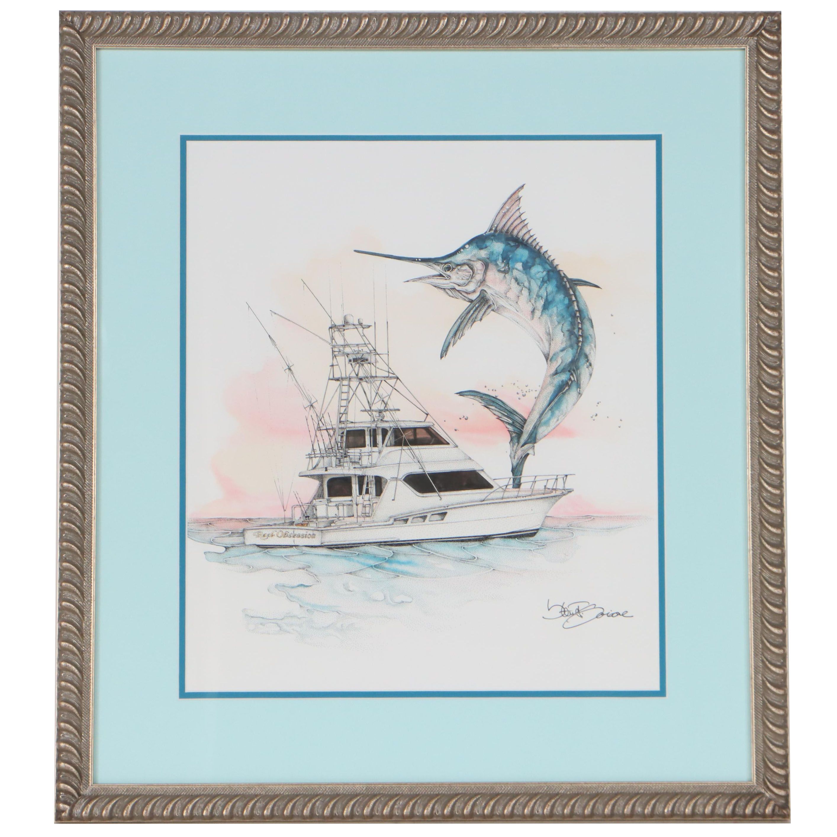 Steve T. Goione Hand-Colored Ink Drawing of Yacht and Fish | EBTH