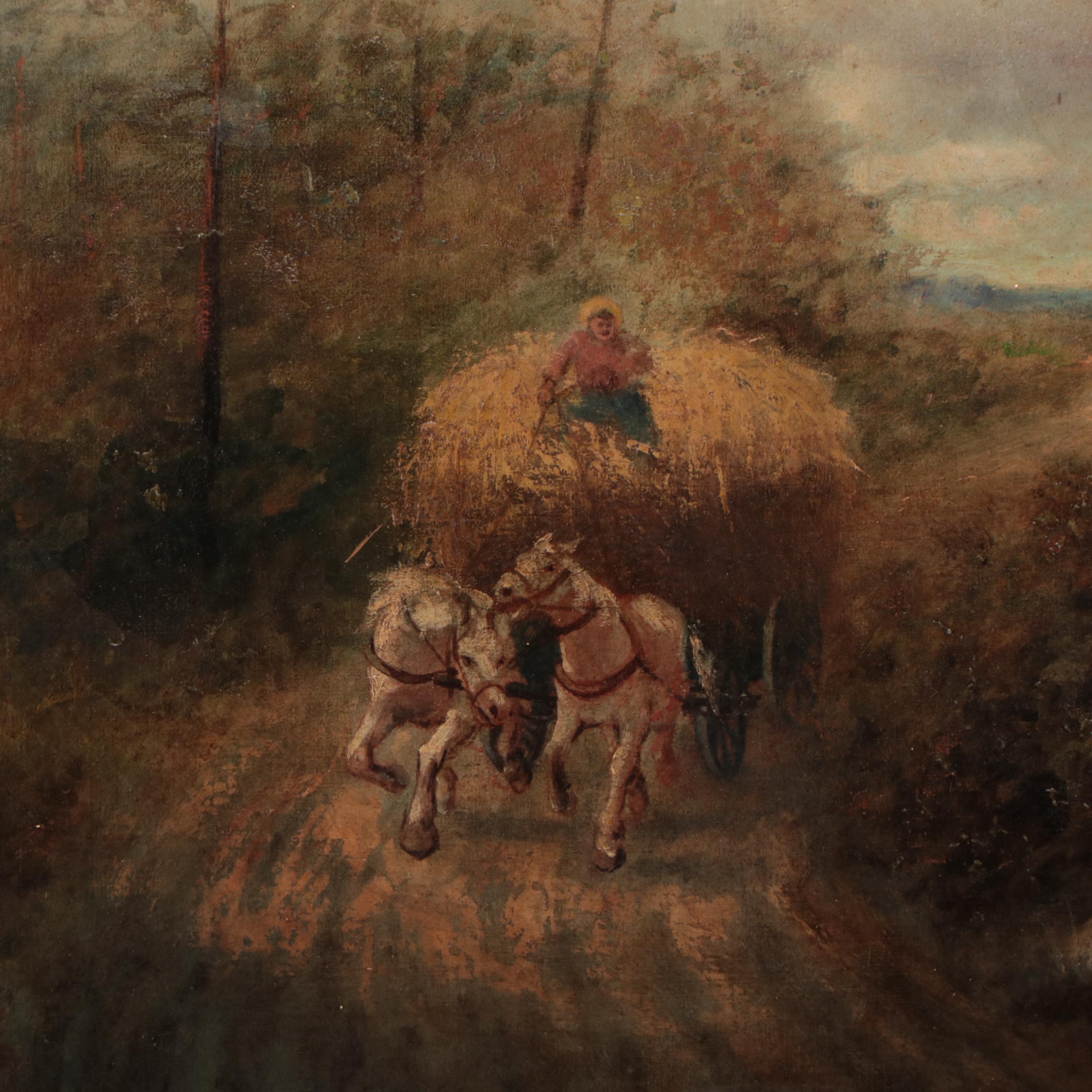 Jacob Bauer Oil Painting of Horse-Drawn Hay Wagon, Late 19th Century ...