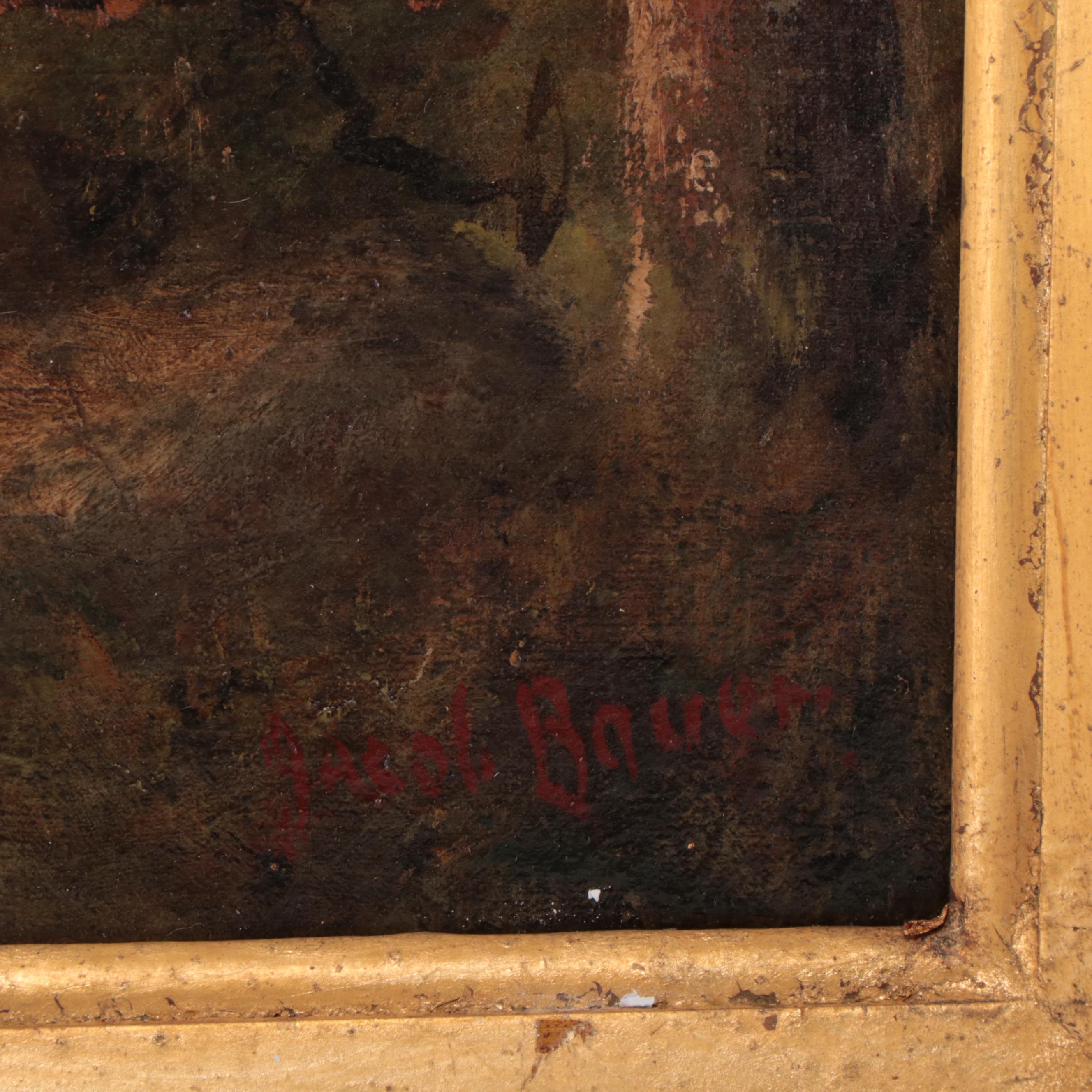 Jacob Bauer Oil Painting of Horse-Drawn Hay Wagon, Late 19th Century ...