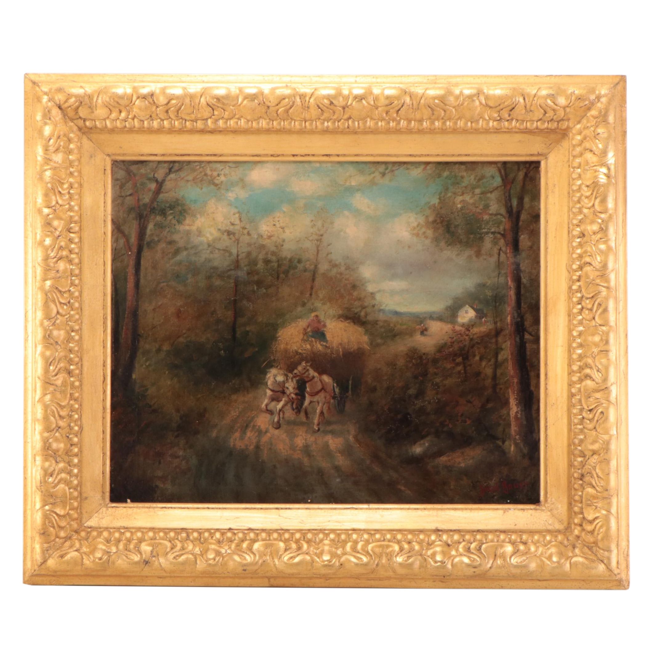 Jacob Bauer Oil Painting of Horse-Drawn Hay Wagon, Late 19th Century ...