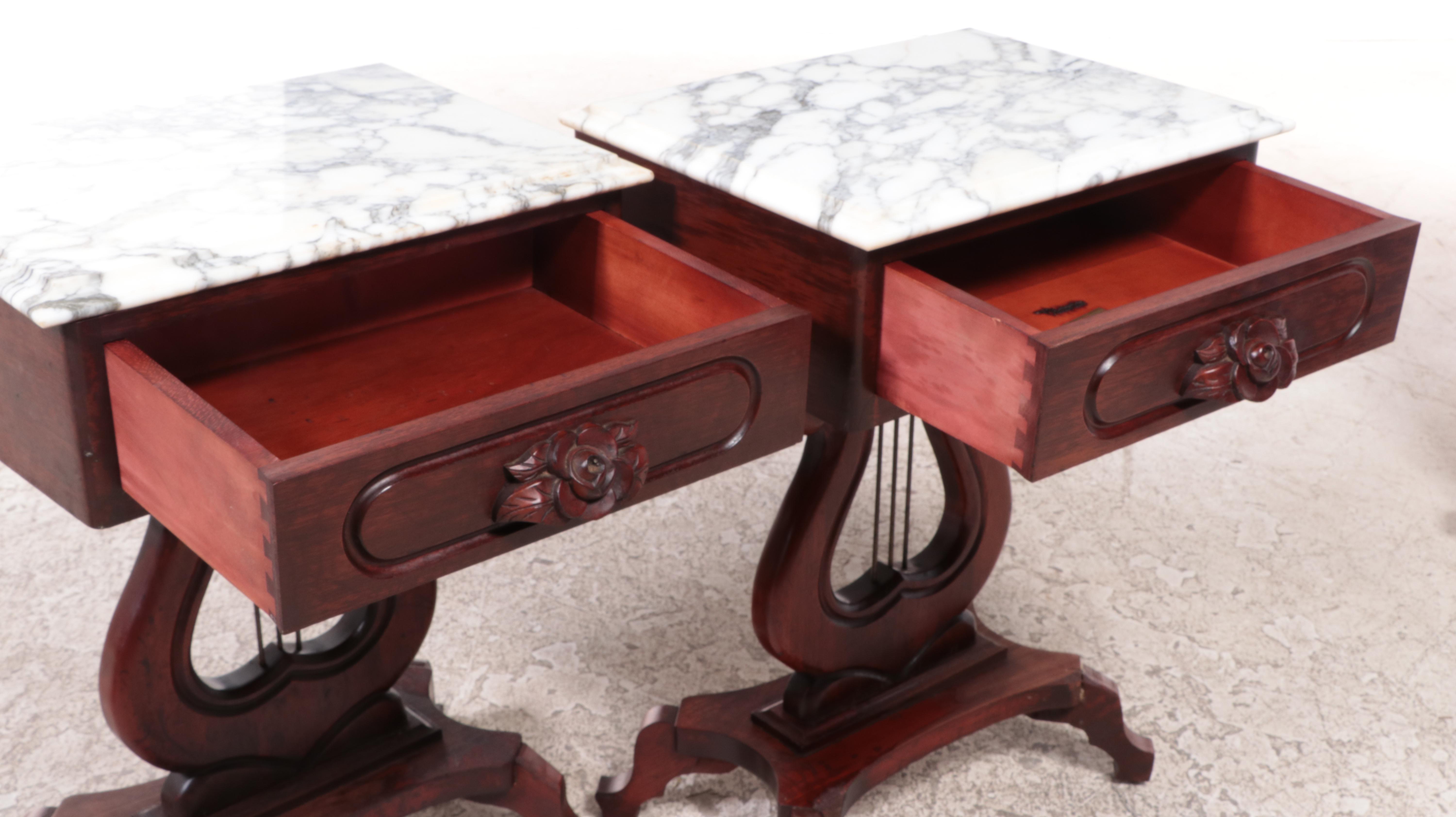 Victorian Style Mahogany and Marble Top Lyre-Base Side Tables | EBTH
