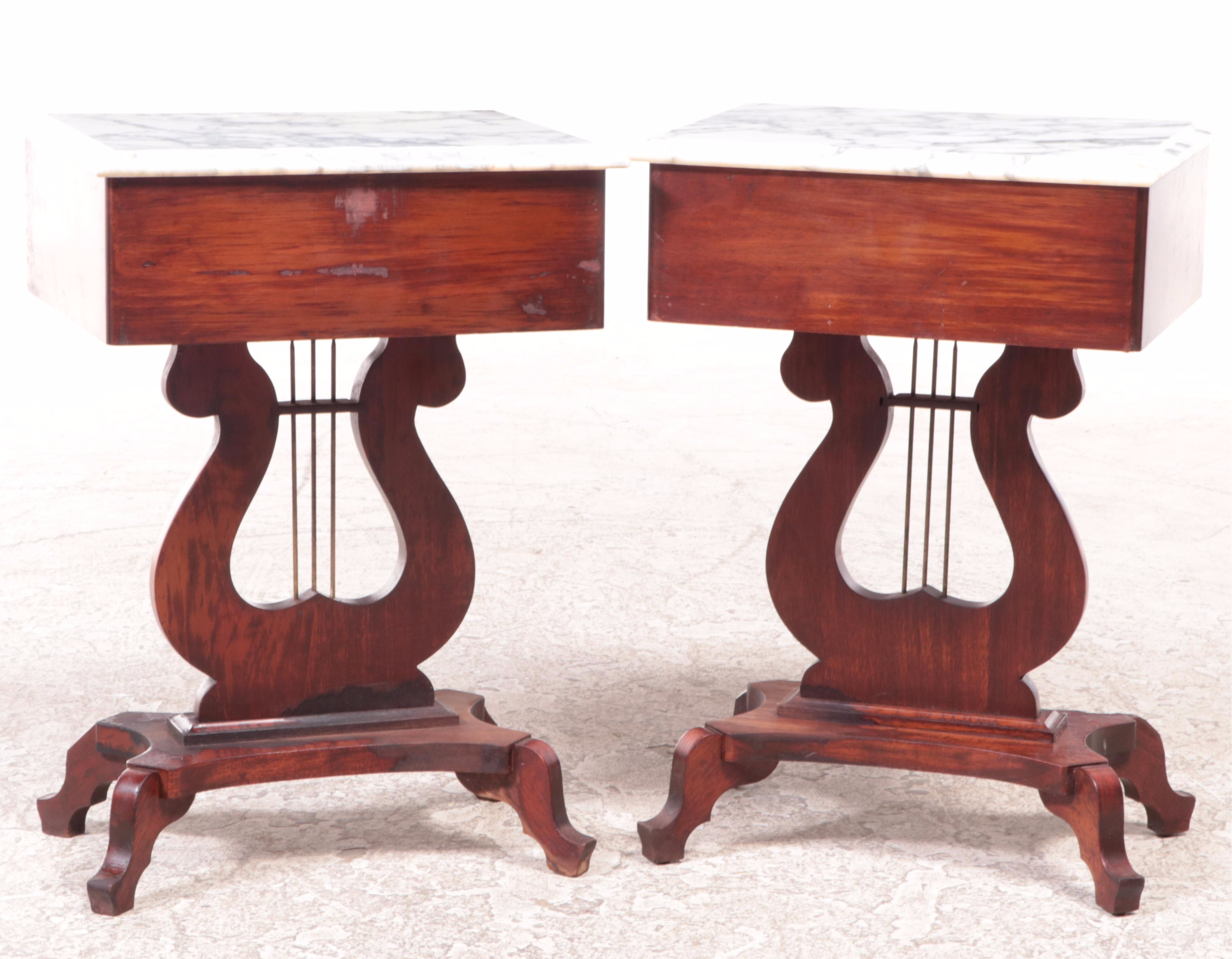 Victorian Style Mahogany and Marble Top Lyre-Base Side Tables | EBTH