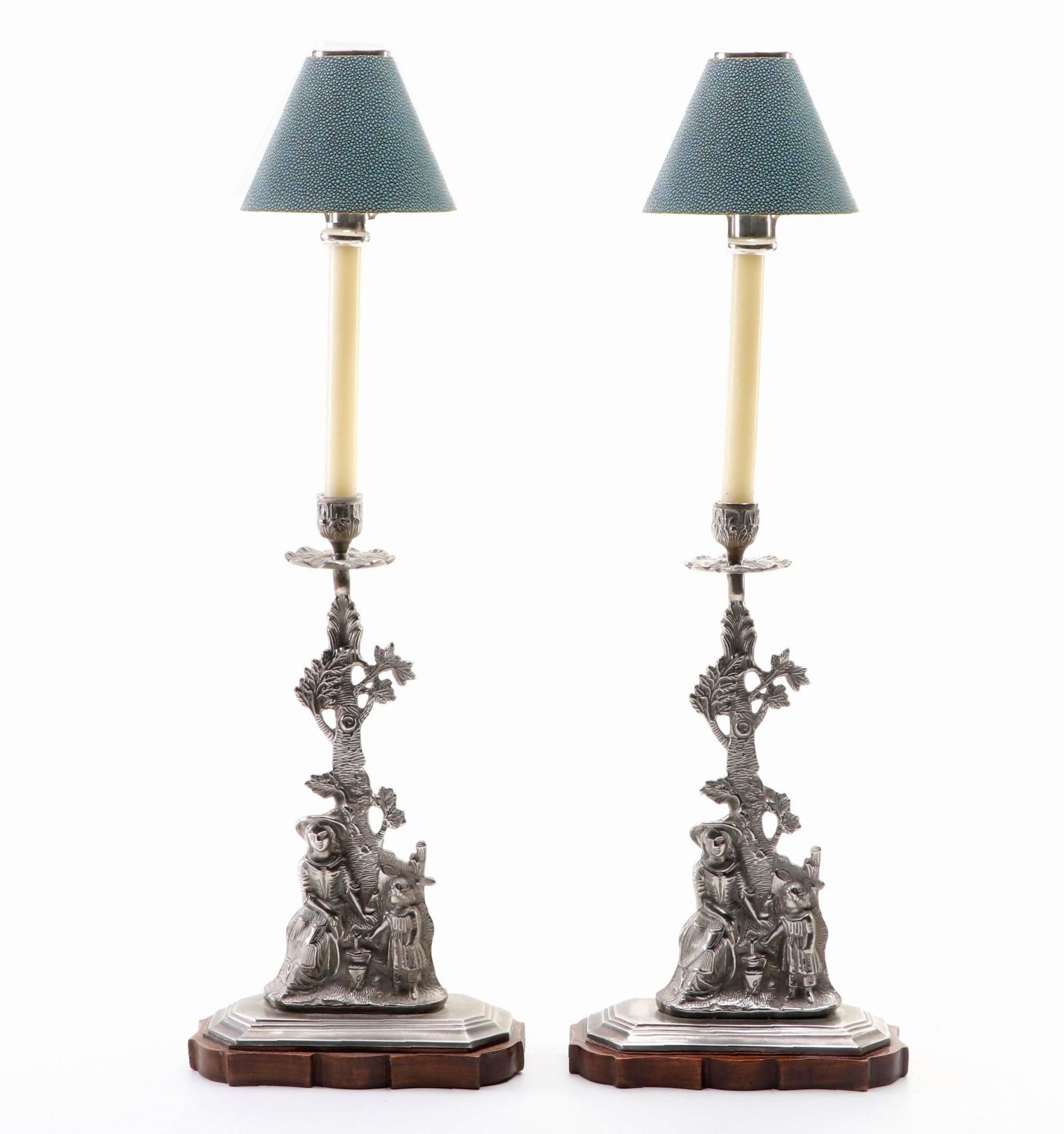 Dutch Baroque Style Figural Pewter Base Table Lamps with Faux Shagreen ...