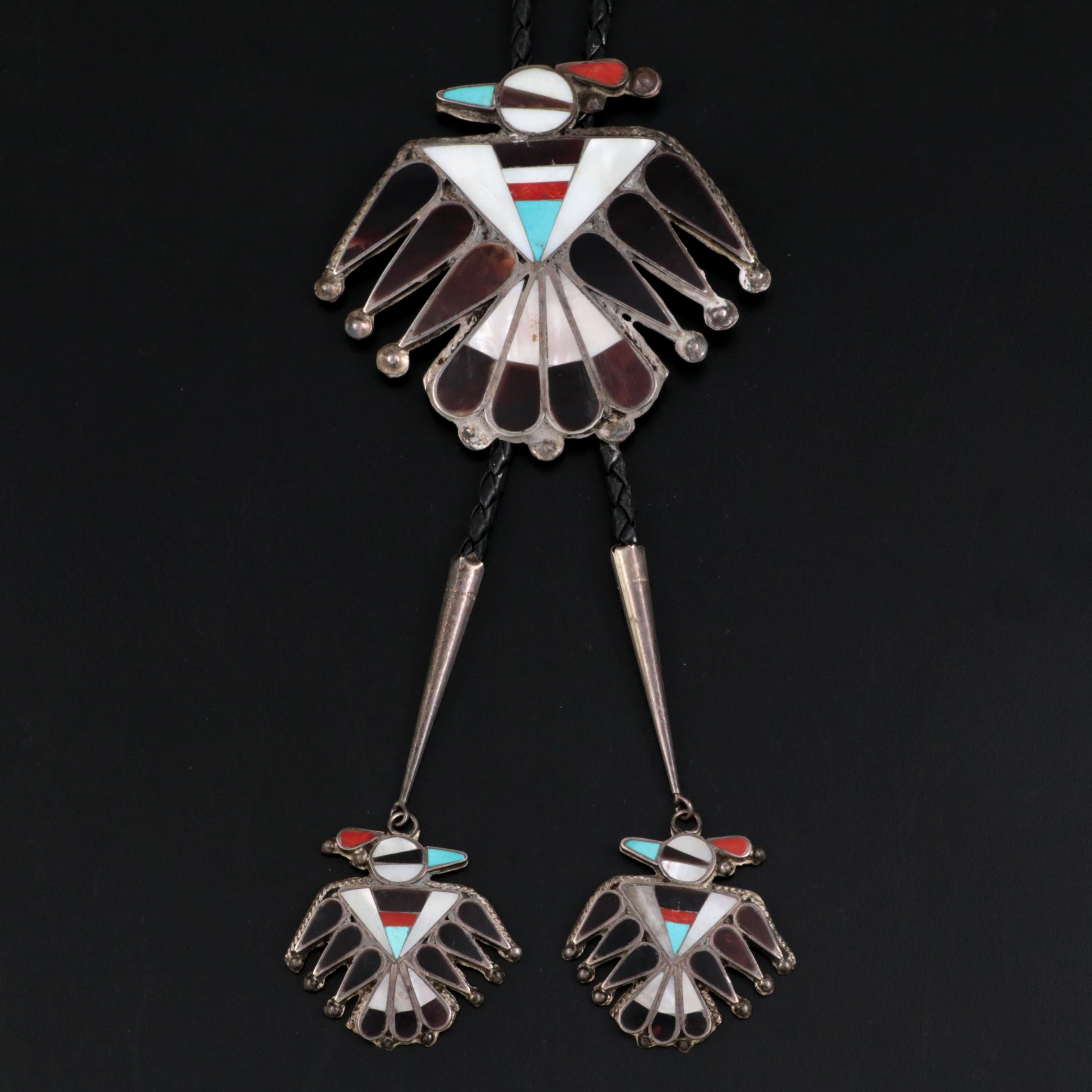 Delgar Cellicion Zuni Sterling Silver and Inlaid Bolo Tie, Mid-20th ...
