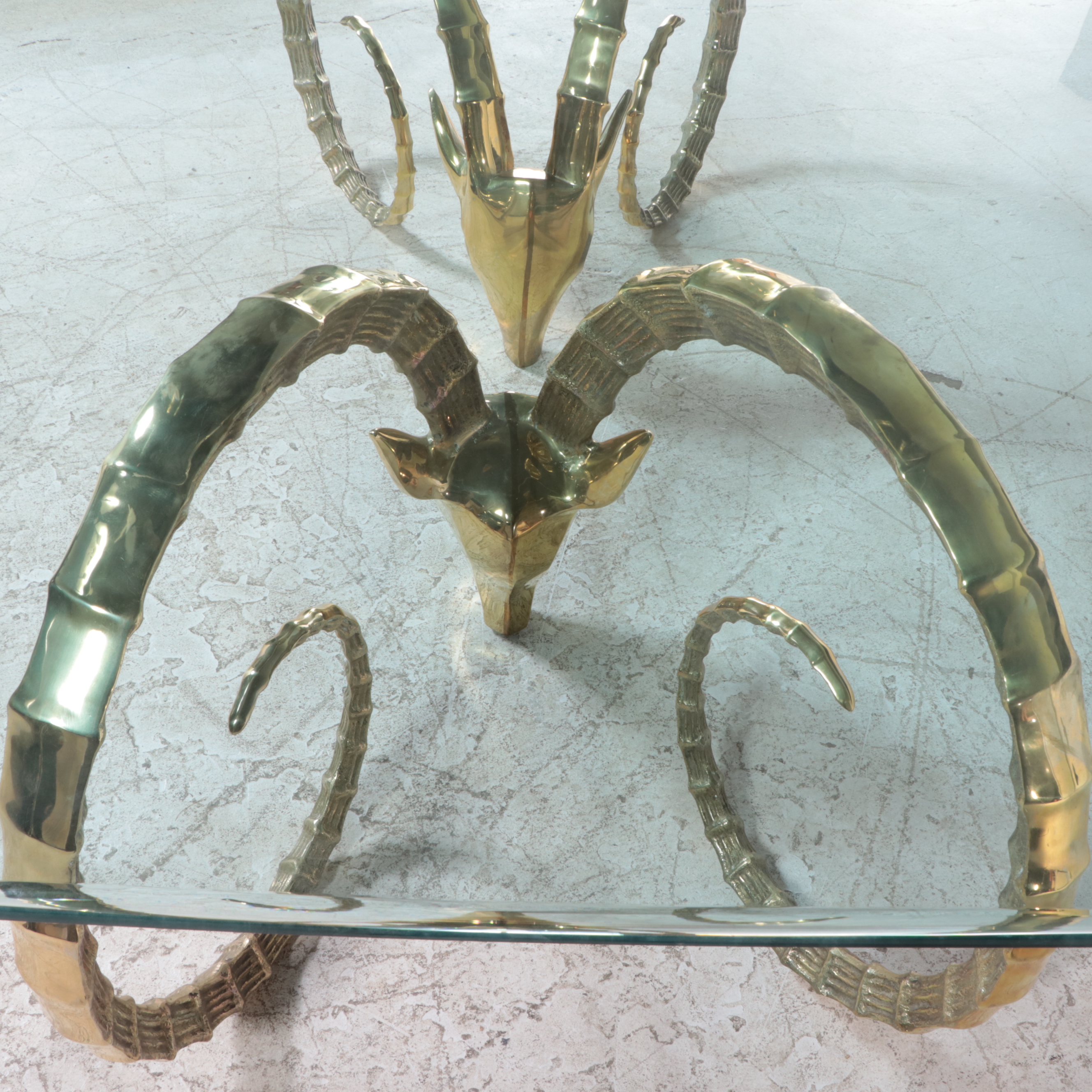 Hollywood Regency Style Brass and Glass Top "Ram's Head" Dining Table ...