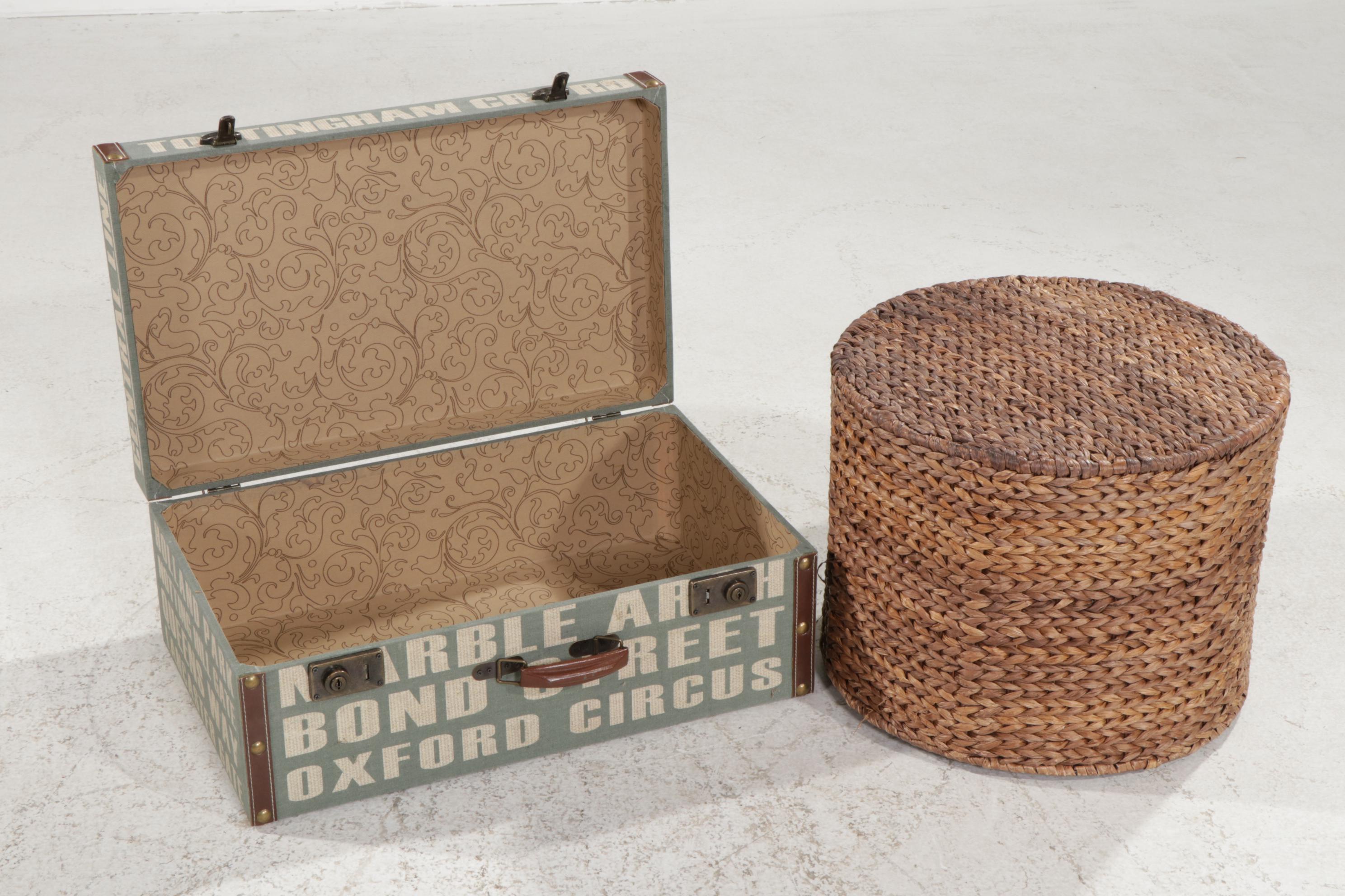 Two Wooden Small Tables, Woven Grass Side Table, and Suitcase Style ...