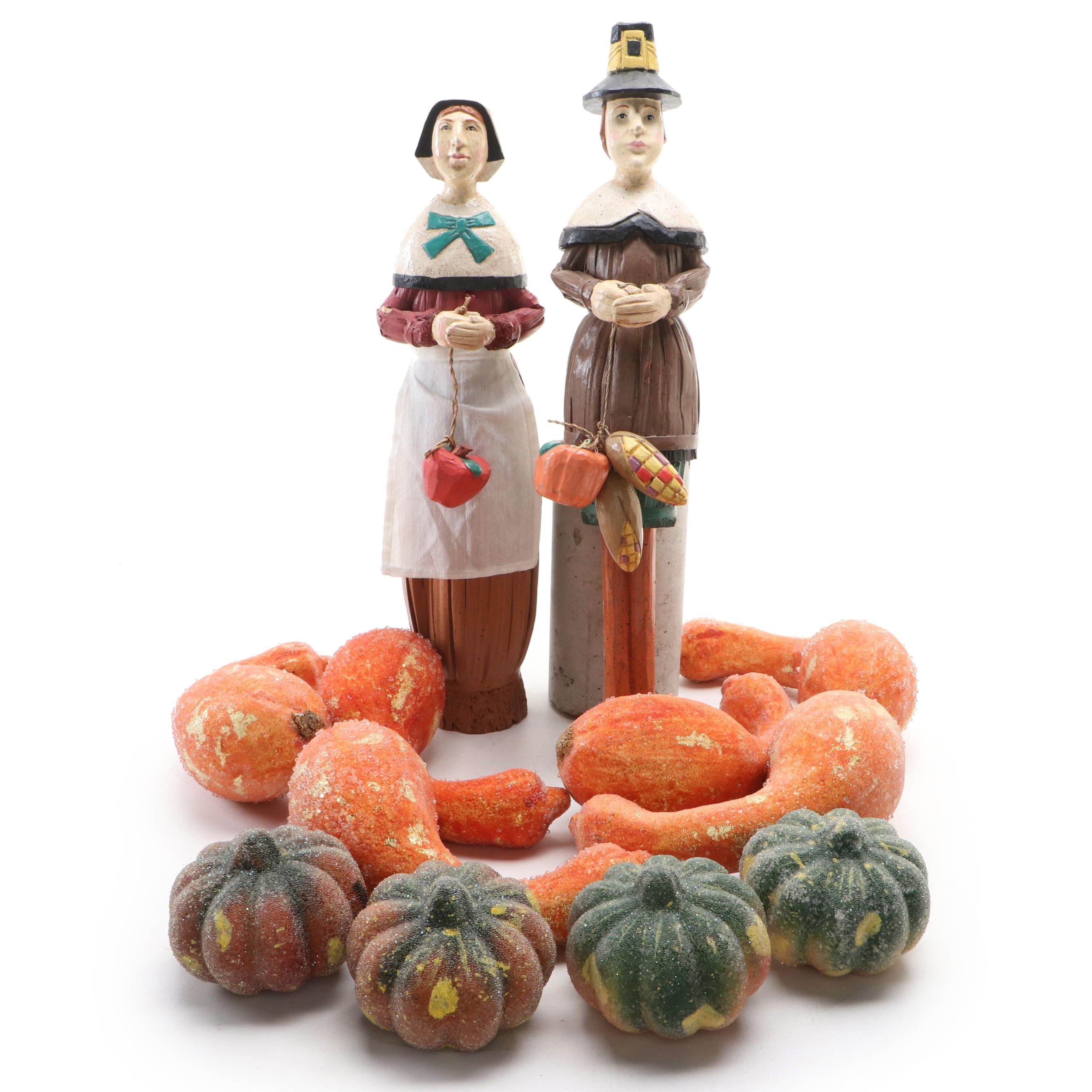 Pilgrim Figurines with Beaded Gourds and Pumpkins | EBTH
