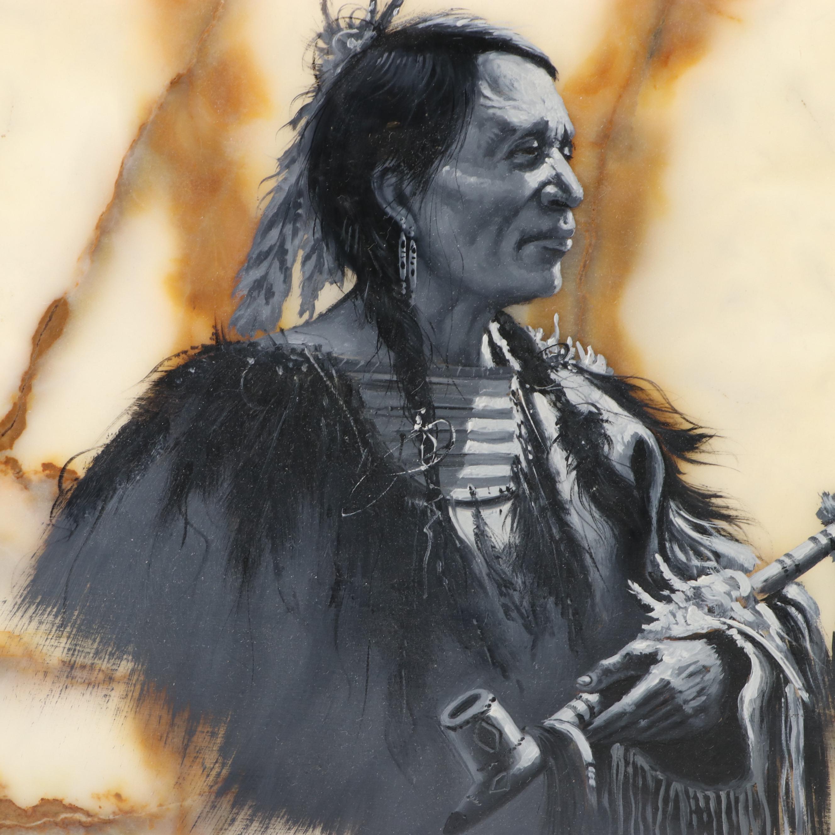 Oil Painting on Stone of a Native American Figure "Peace Pipe" | EBTH