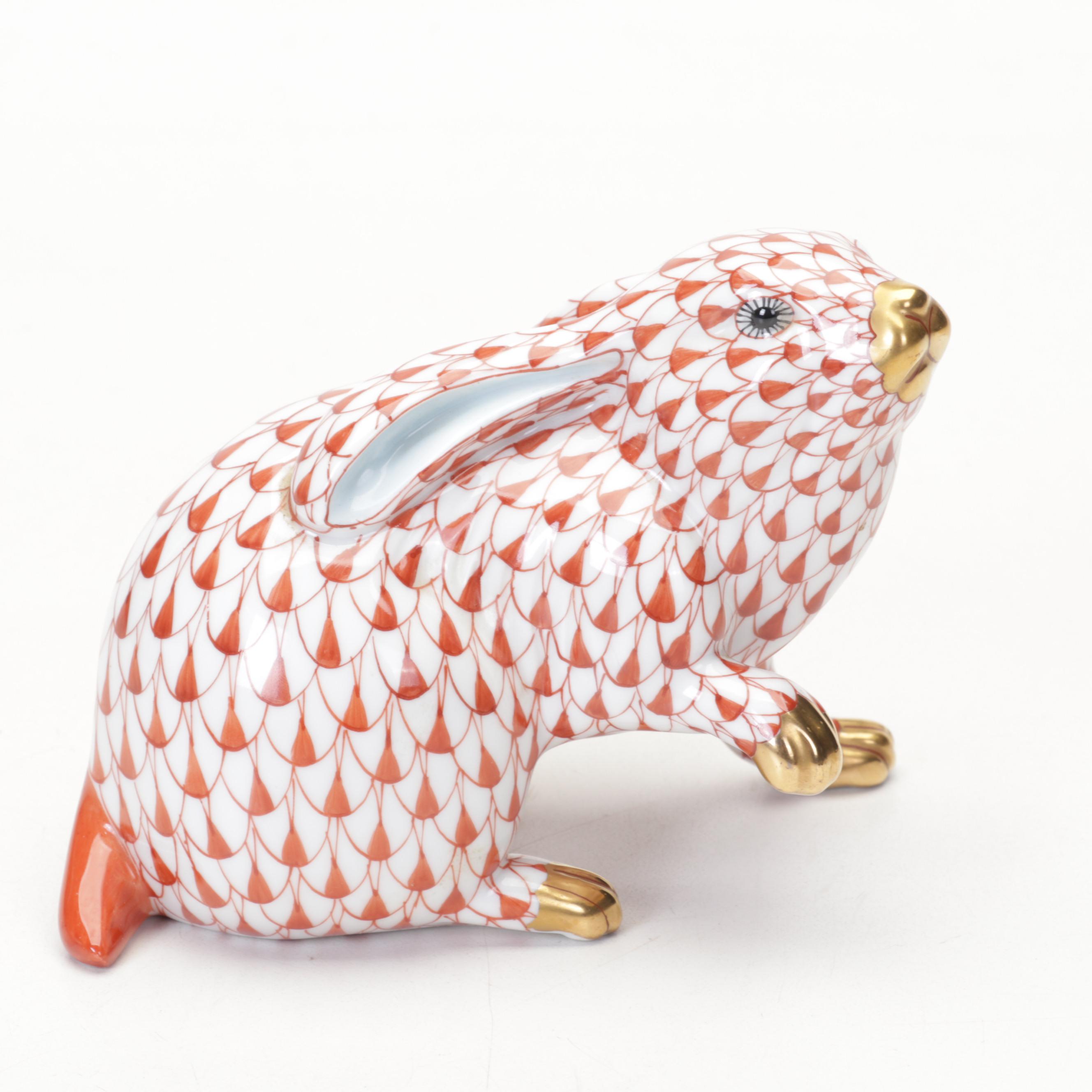 Herend Hand-Painted Porcelain Rust Fishnet "Rabbit Sitting" Figurine ...