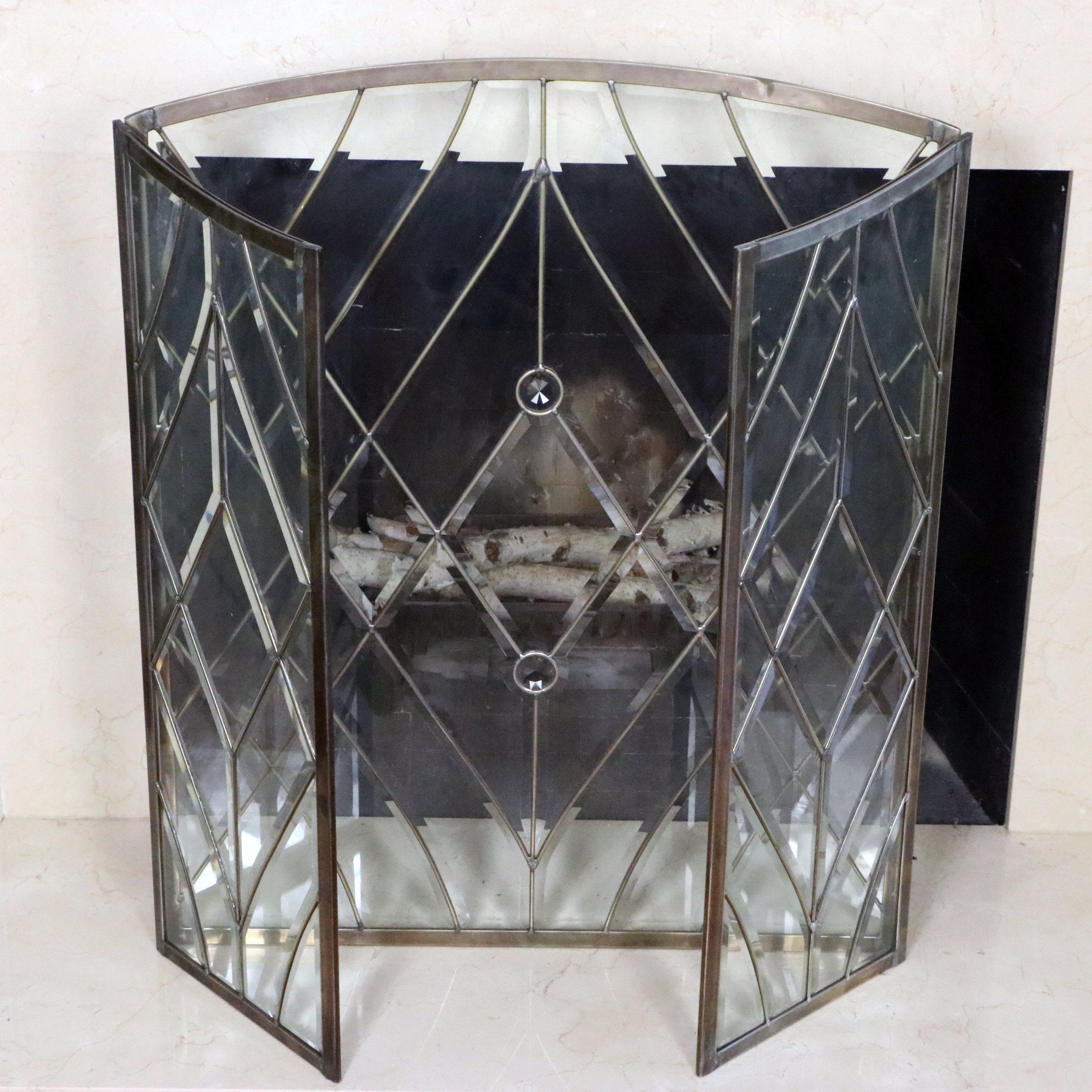Beveled Glass Three-Panel Folding Fireplace Screen | EBTH