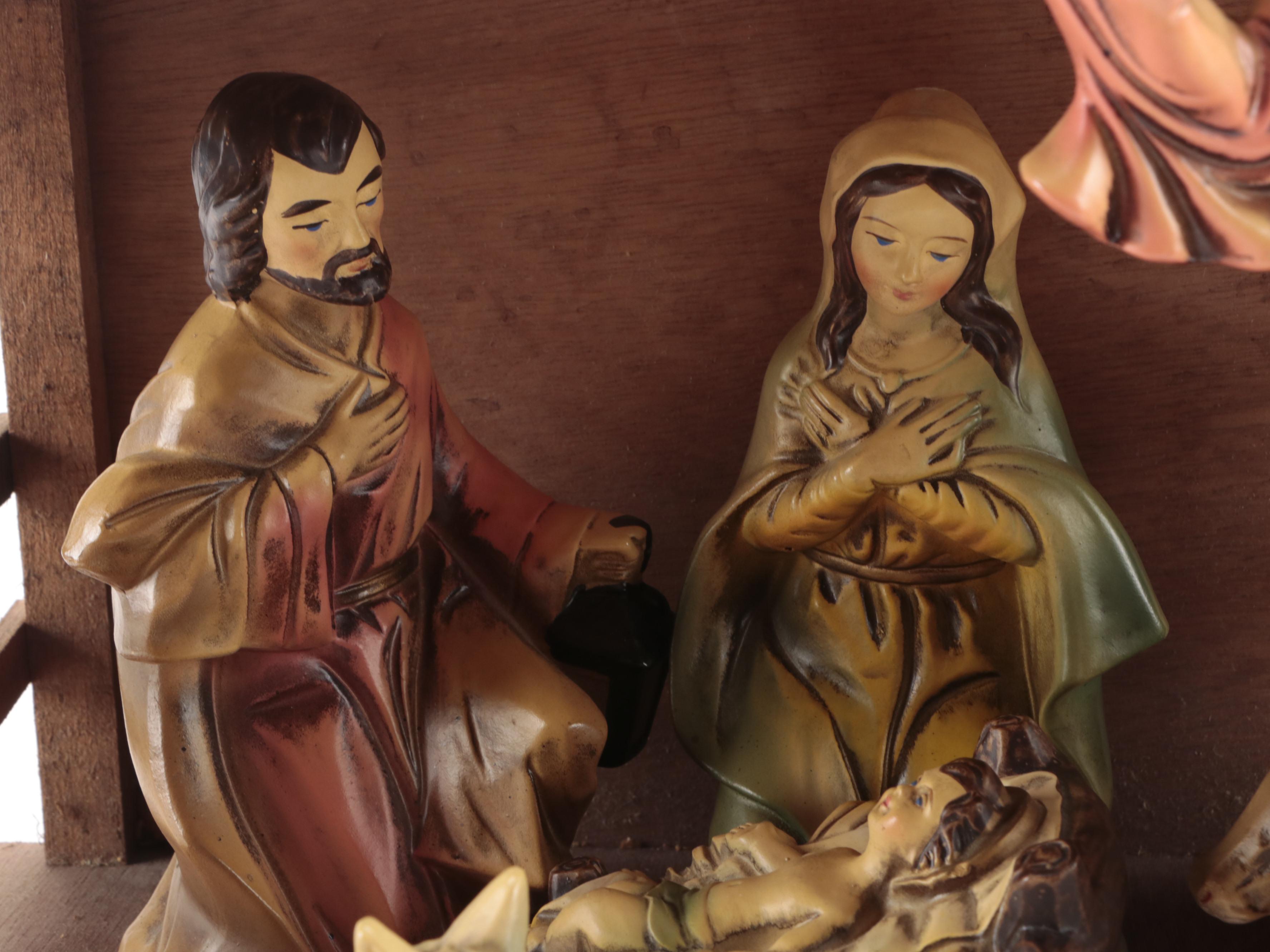 Japanese Painted Cast Composite Nativity Set with Illuminated Stable ...