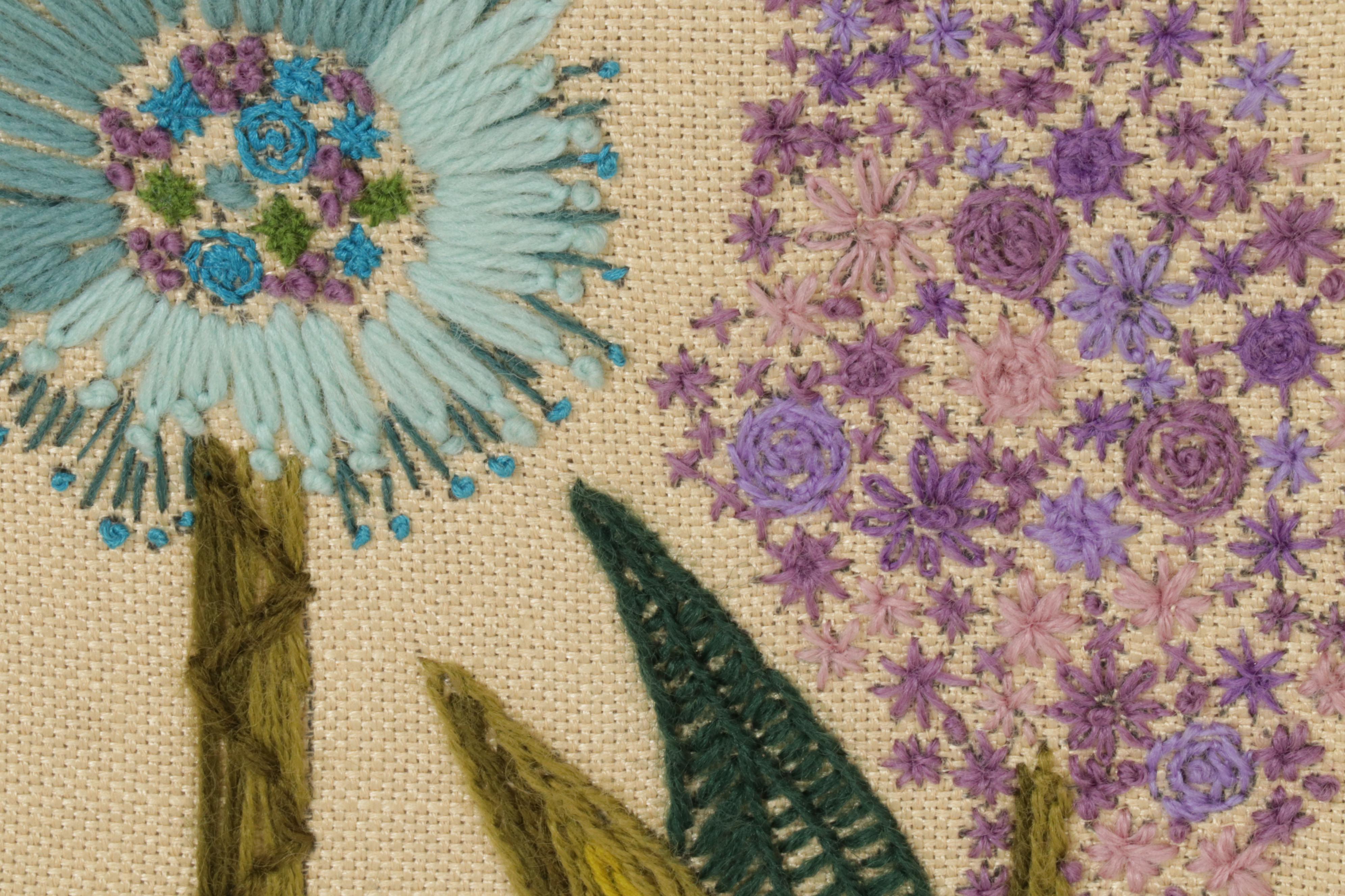 MCM Crewelwork Handmade Textile Panel of Blue Bird and Flowers | EBTH