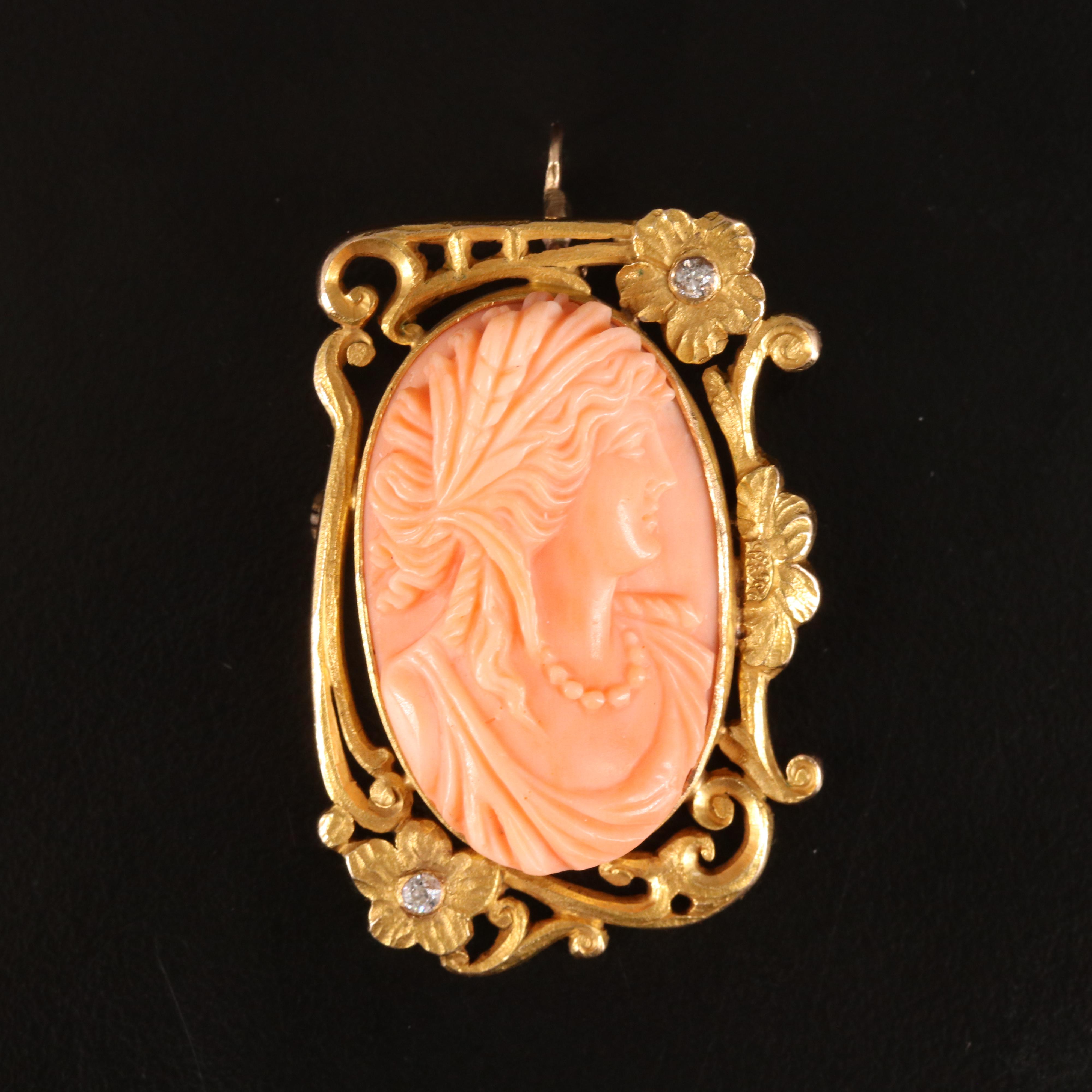 Lottie A. Dunn 14K Coral and Diamond Cameo Converter Brooch | EBTH