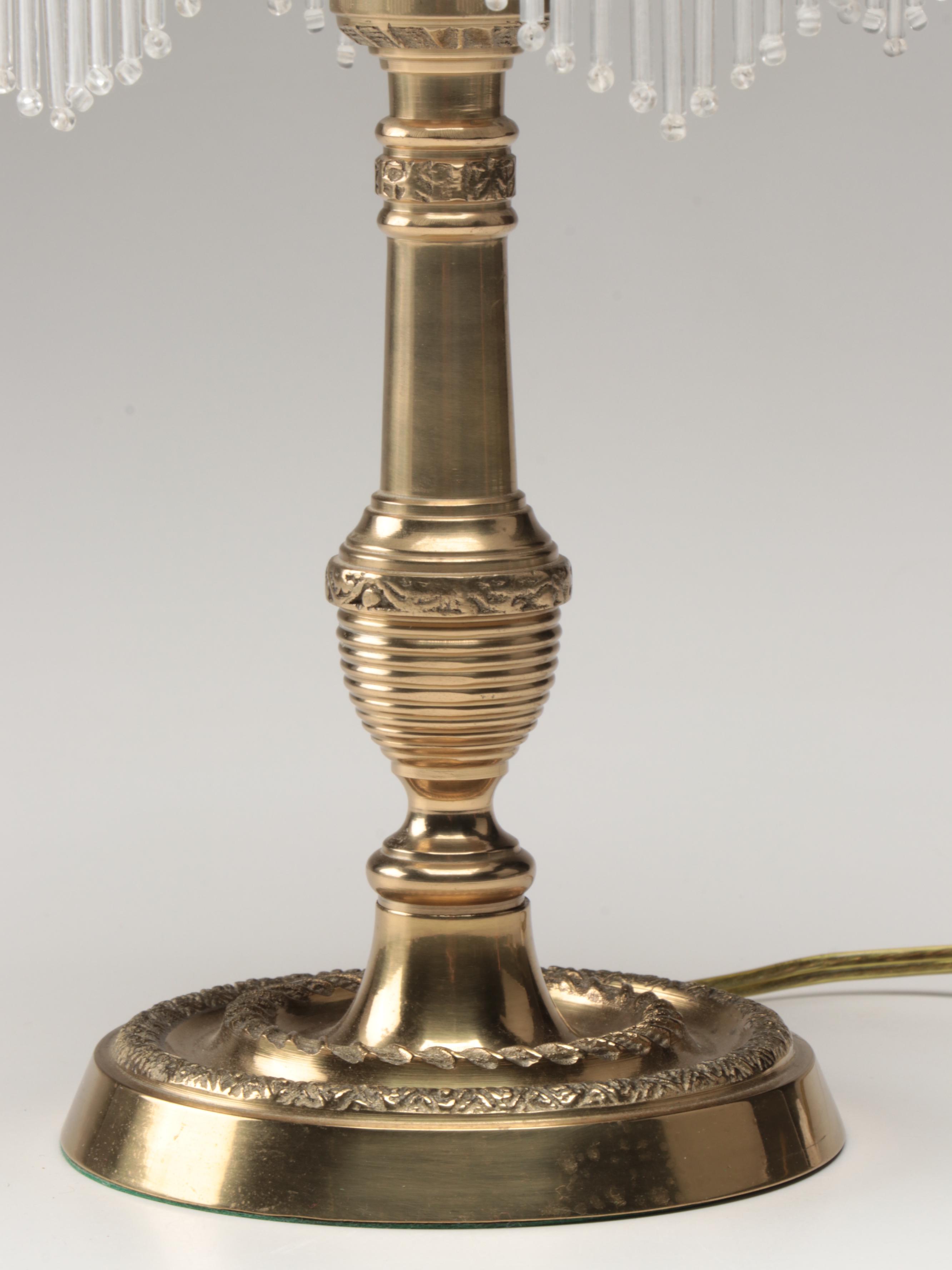 Victorian Style Brass Candlestick and Etched Glass Bead Trim Table Lamp ...